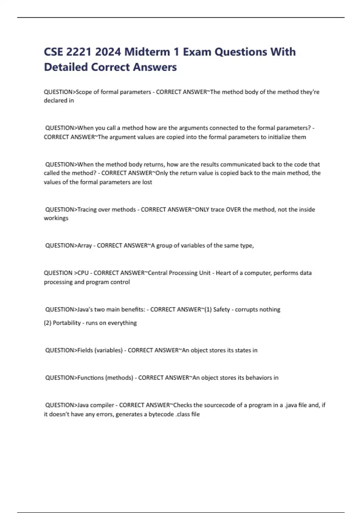 CSE Midterm 1 Exam Questions With Detailed Correct Answers - CSE 2221 2024 - Stuvia US