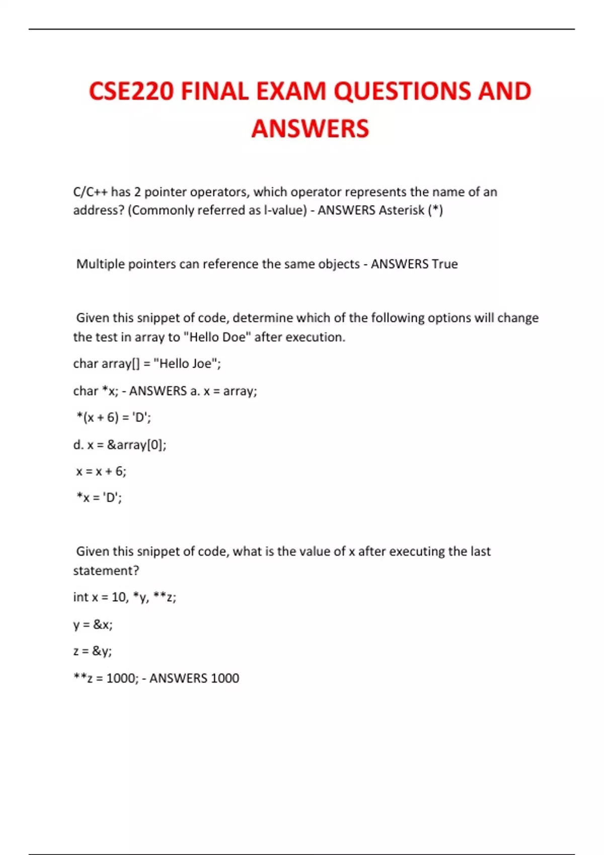 CSE220 FINAL EXAM QUESTIONS AND ANSWERS - CSE220 F - Stuvia US