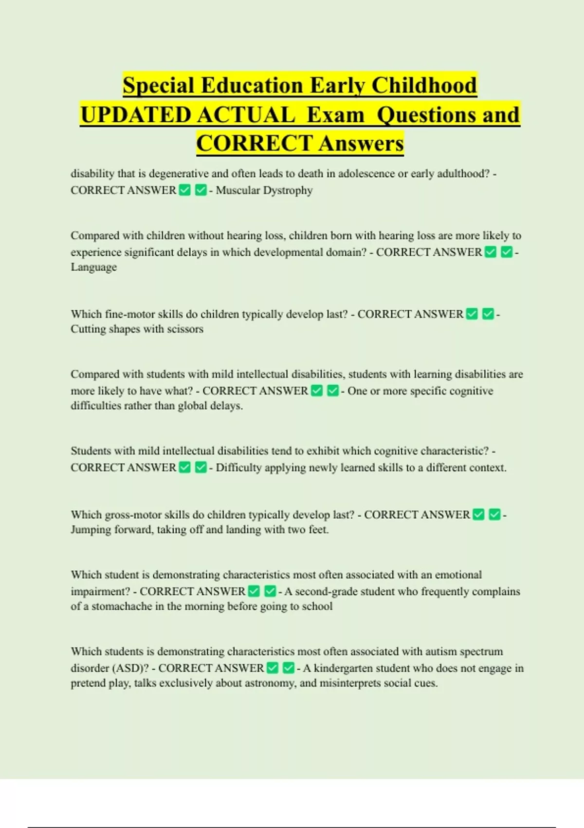 Special Education Early Childhood UPDATED ACTUAL Exam Questions and ...