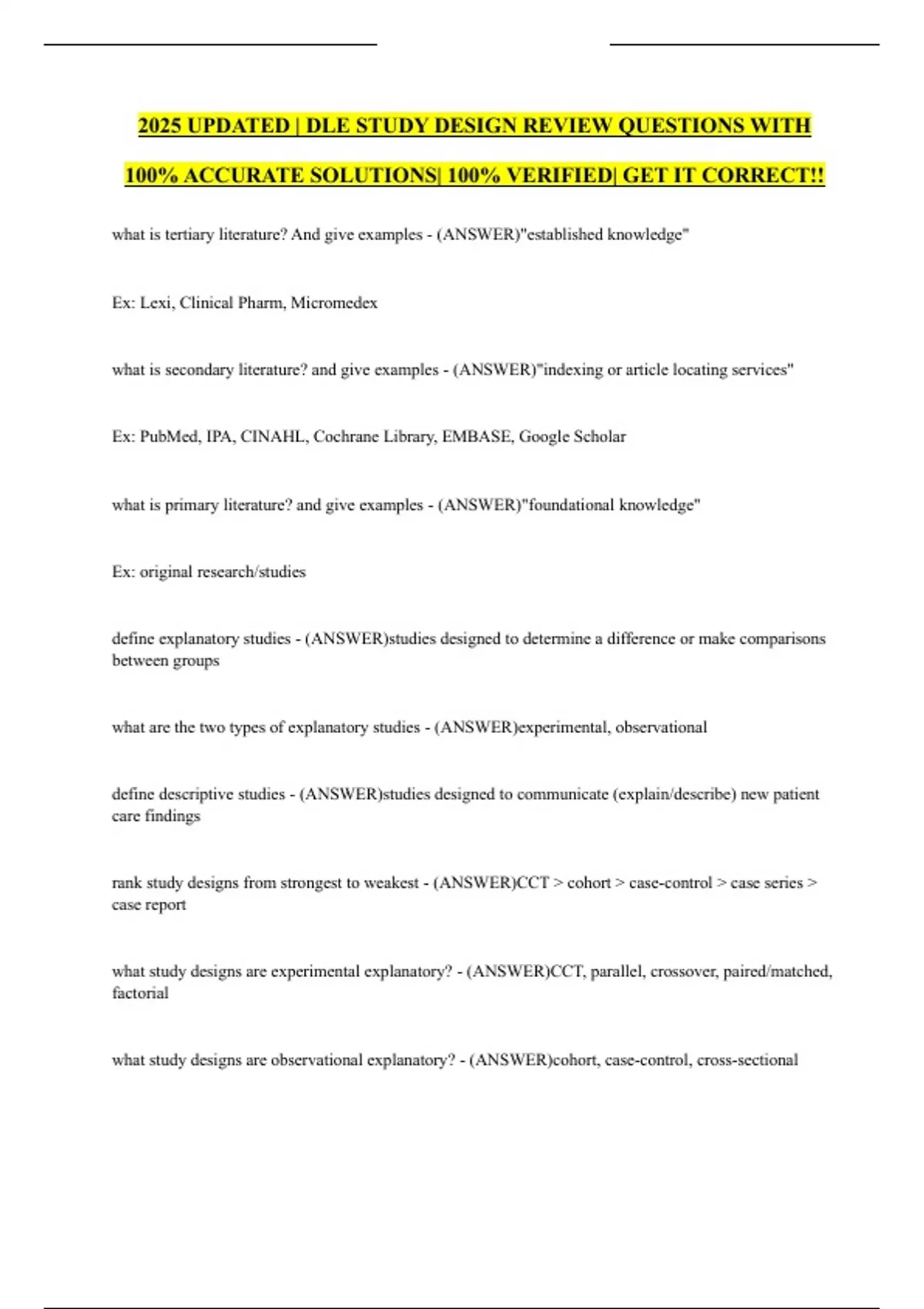 2025 UPDATED | DLE STUDY DESIGN REVIEW QUESTIONS WITH 100% ACCURATE ...