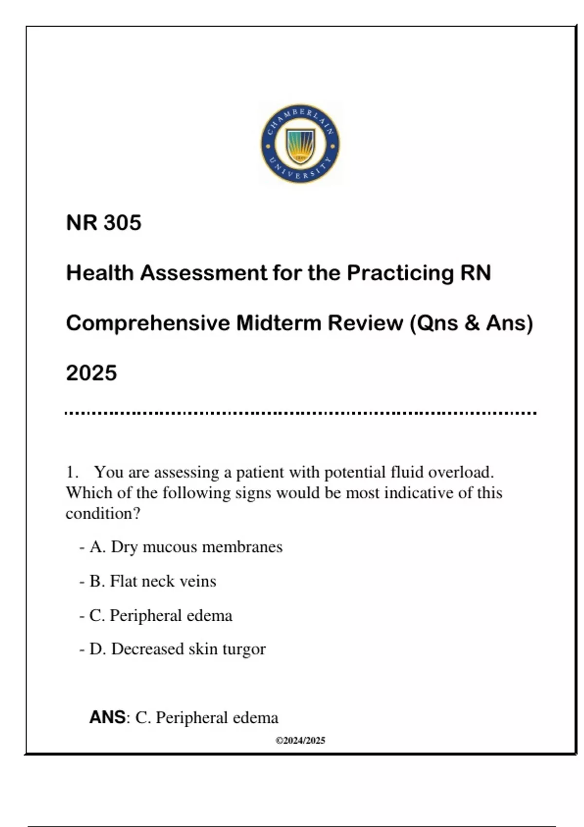 NR 305 (CU) Health Assessmnet for the Practicing RN Comprehensive Midterm Review Qns & Ans 2025 ...