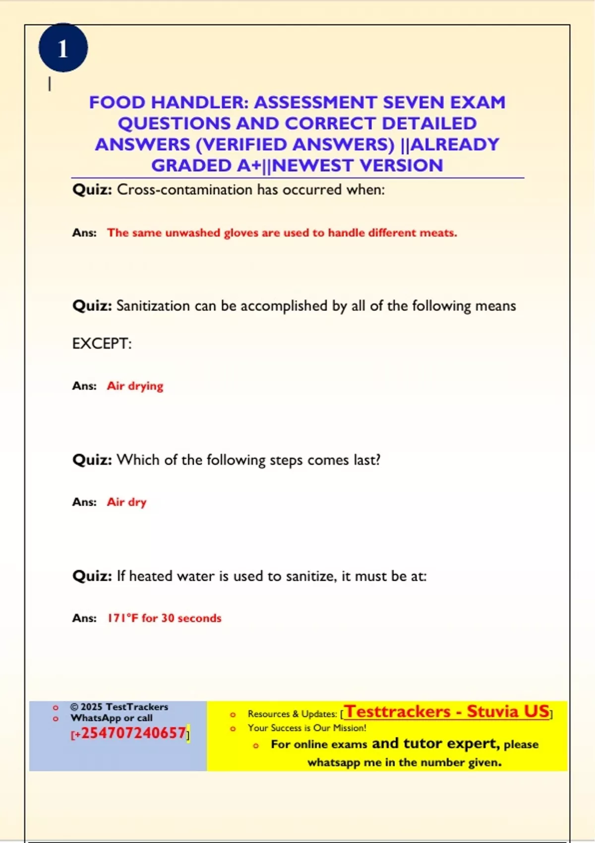 FOOD HANDLER ASSESSMENT QUESTIONS AND CORRECT DETAILED ANSWERS ...