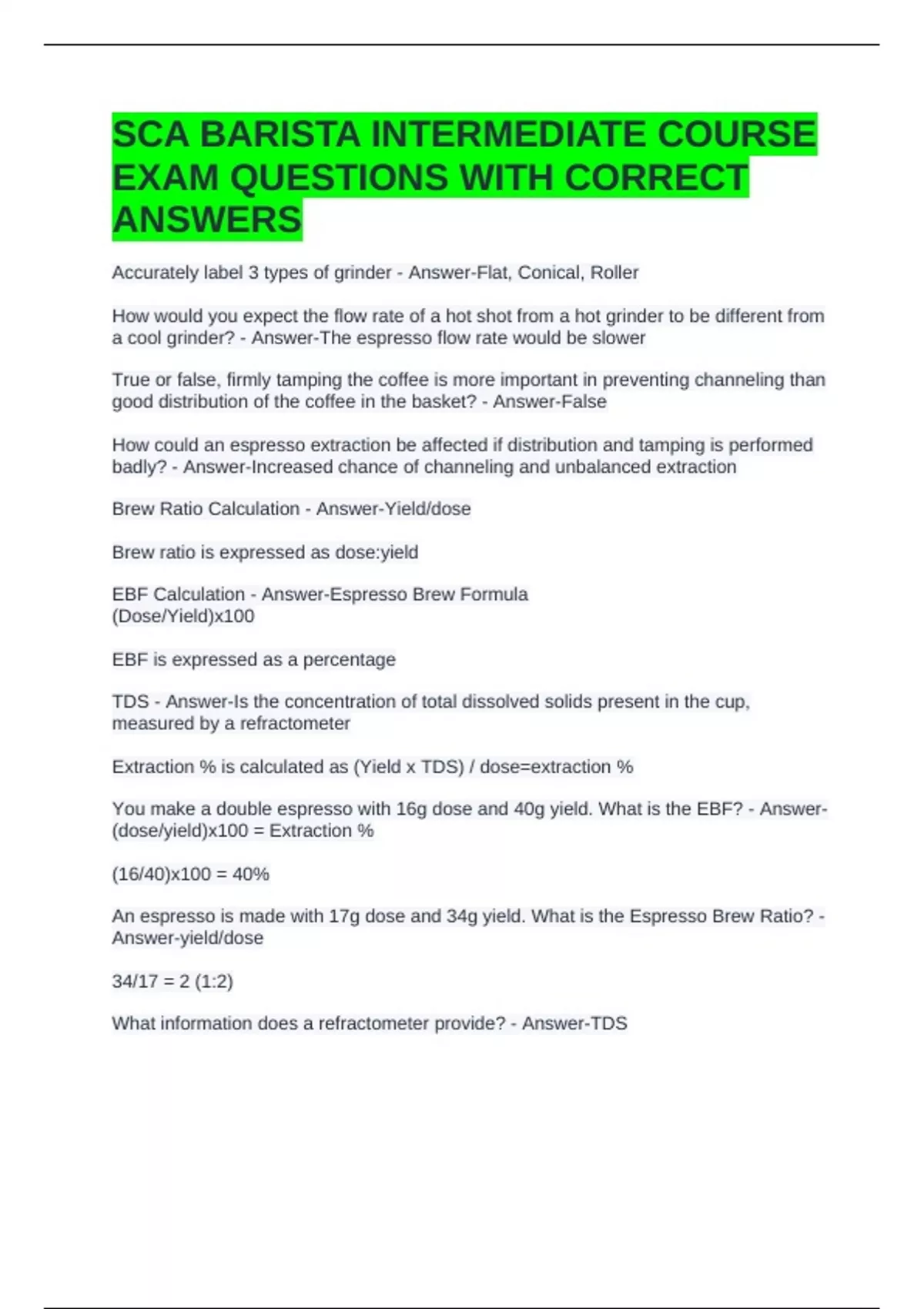 SCA BARISTA INTERMEDIATE COURSE EXAM QUESTIONS WITH CORRECT ANSWERS - BARISTA - Stuvia US