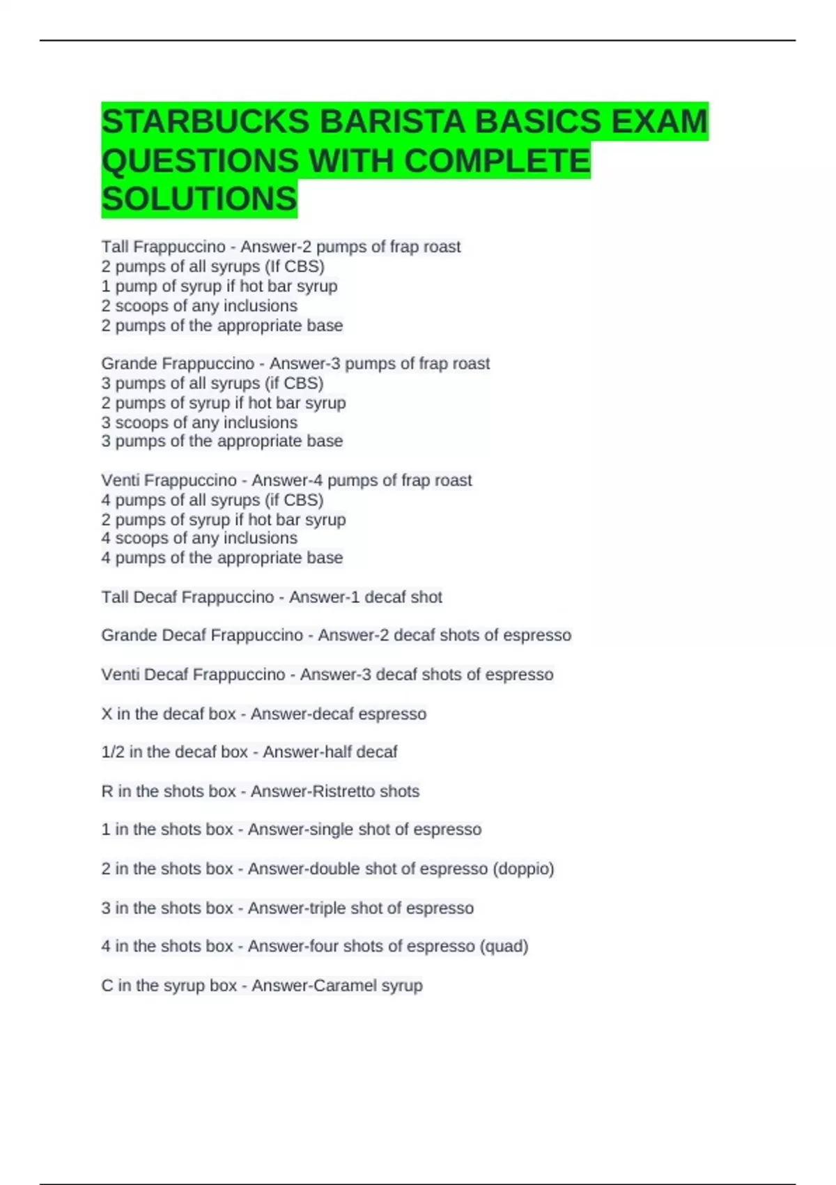 STARBUCKS BARISTA BASICS EXAM QUESTIONS WITH COMPLETE SOLUTIONS ...