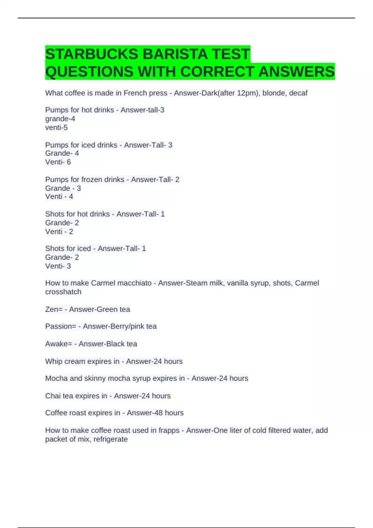 STARBUCKS BARISTA TEST QUESTIONS WITH CORRECT ANSWERS - BARISTA - Stuvia US