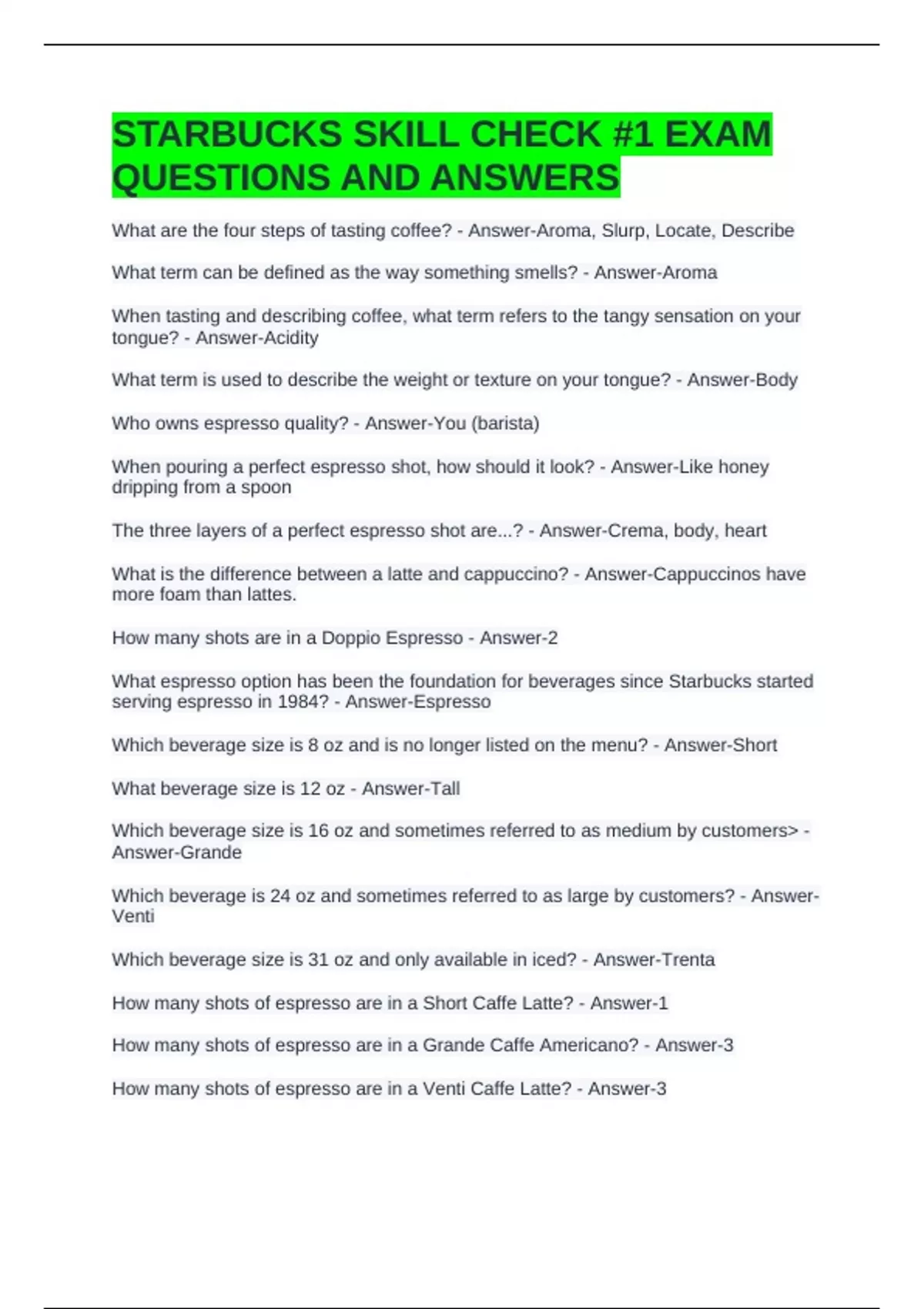 STARBUCKS SKILL CHECK #1 EXAM QUESTIONS AND ANSWERS - BARISTA - Stuvia US
