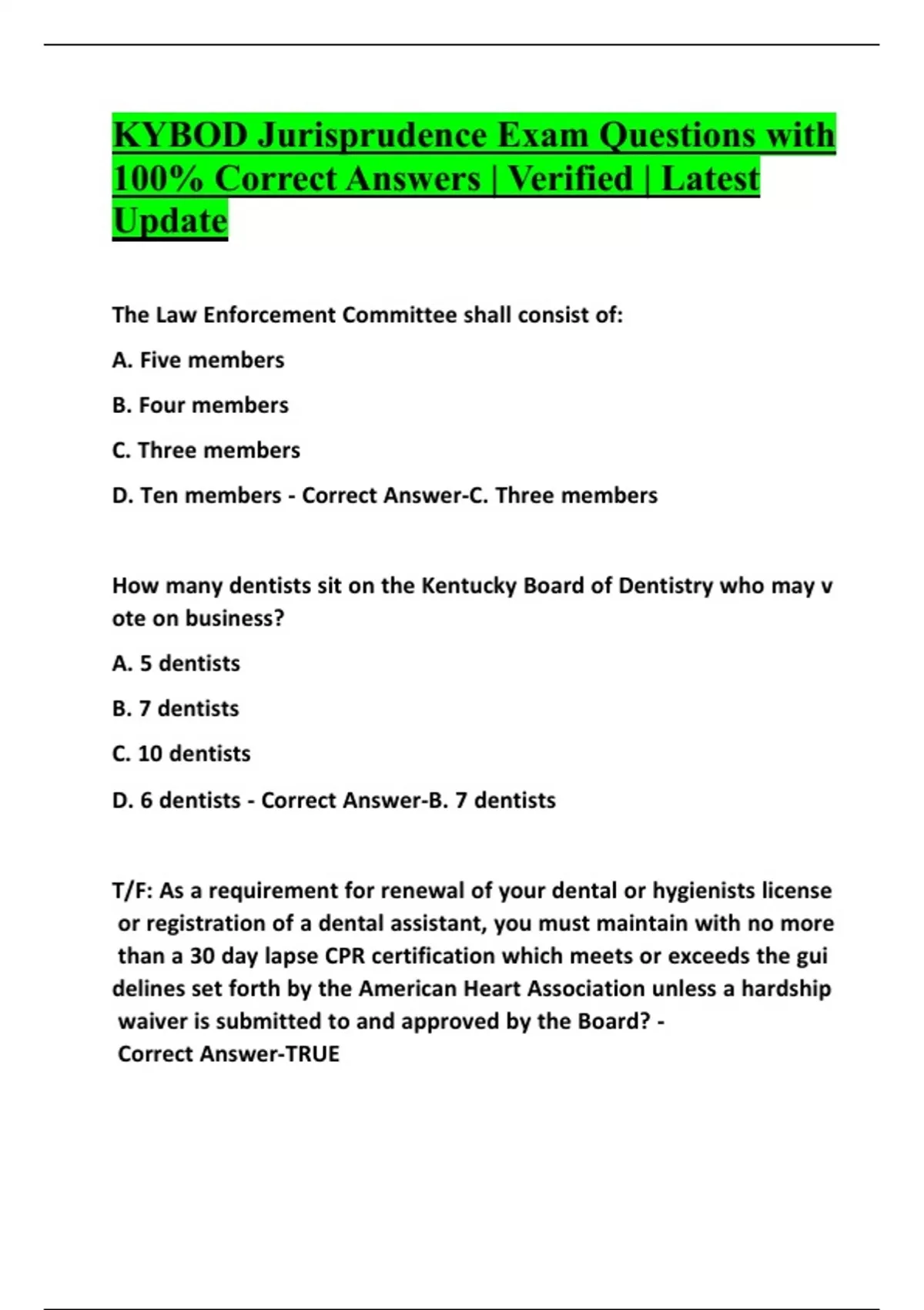 KYBOD Jurisprudence Exam Questions with 100% Correct Answers | Verified ...