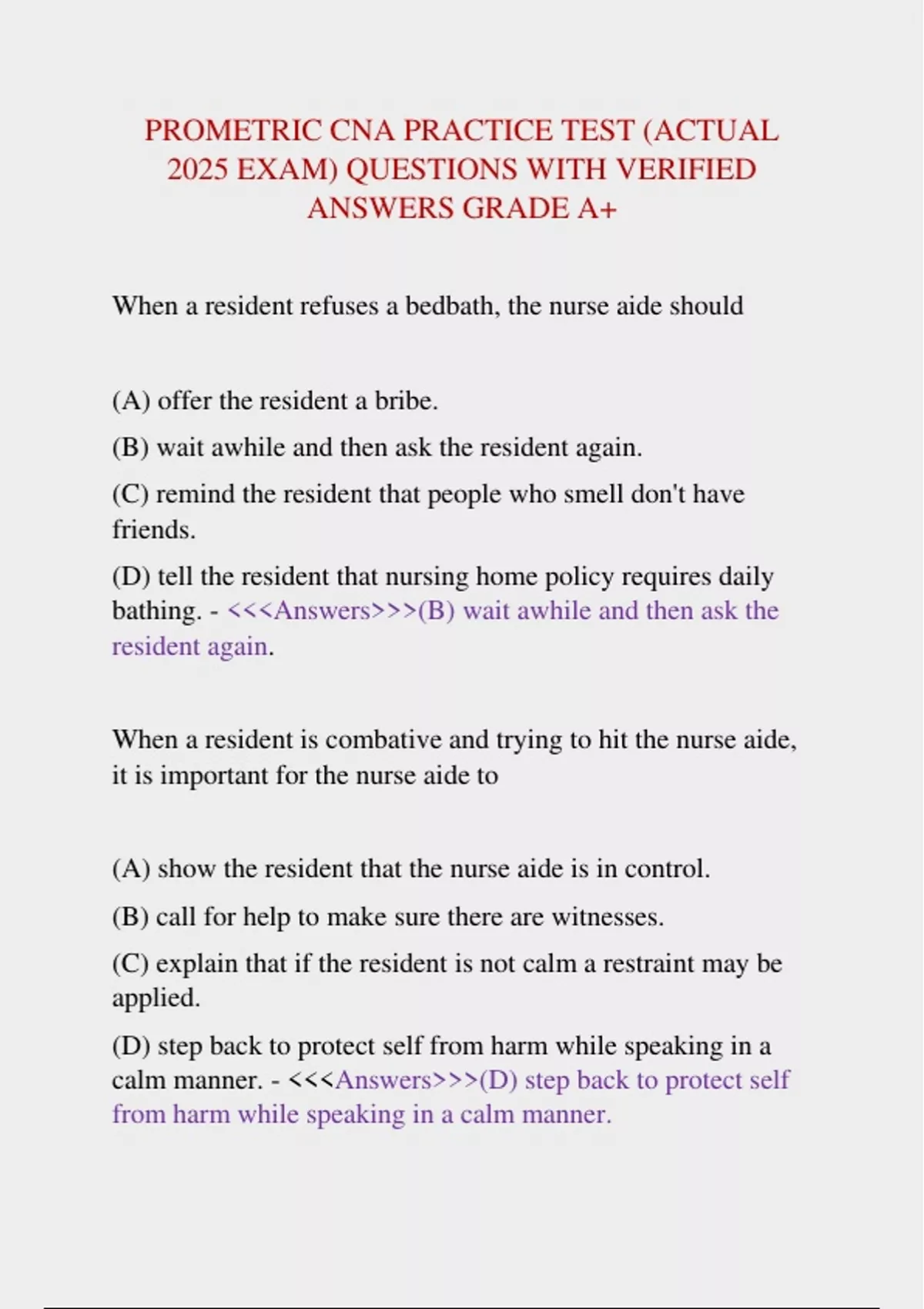 PROMETRIC CNA PRACTICE TEST (ACTUAL 2025 EXAM) QUESTIONS WITH VERIFIED ...