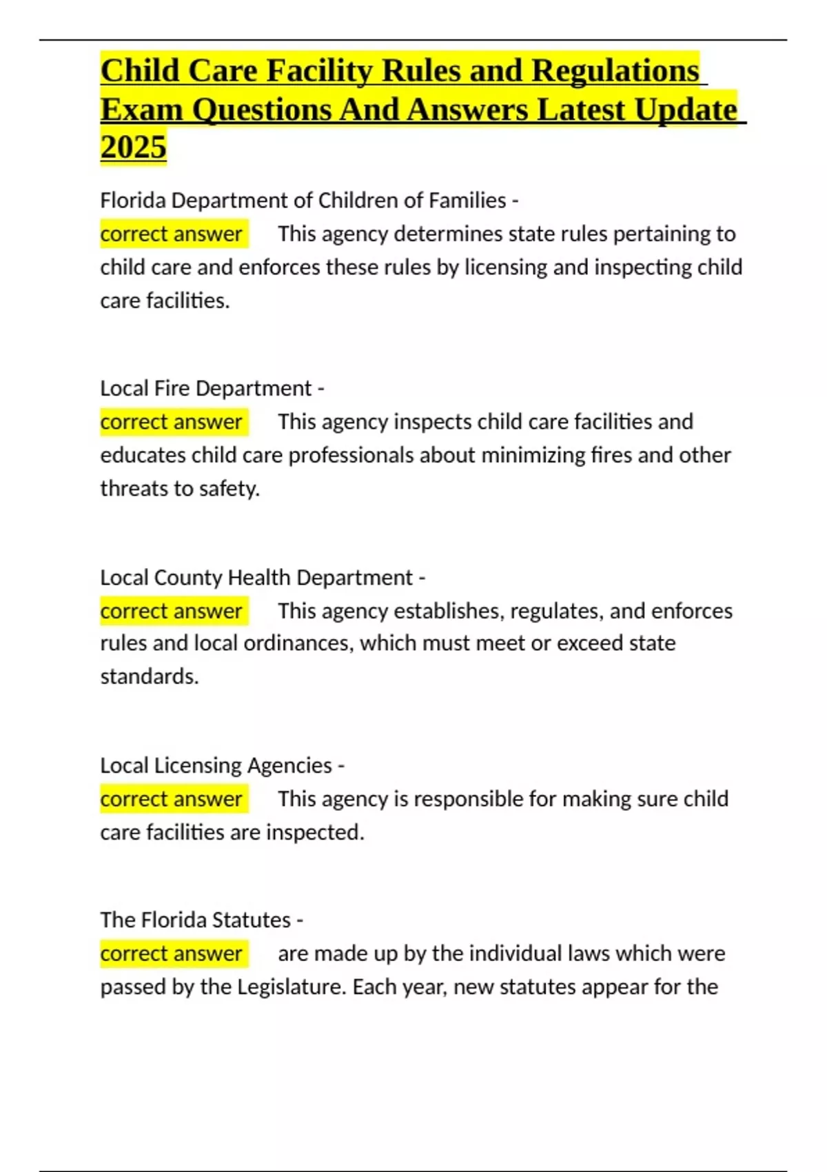 Child Care Facility Rules and Regulations Exam Questions And Answers ...