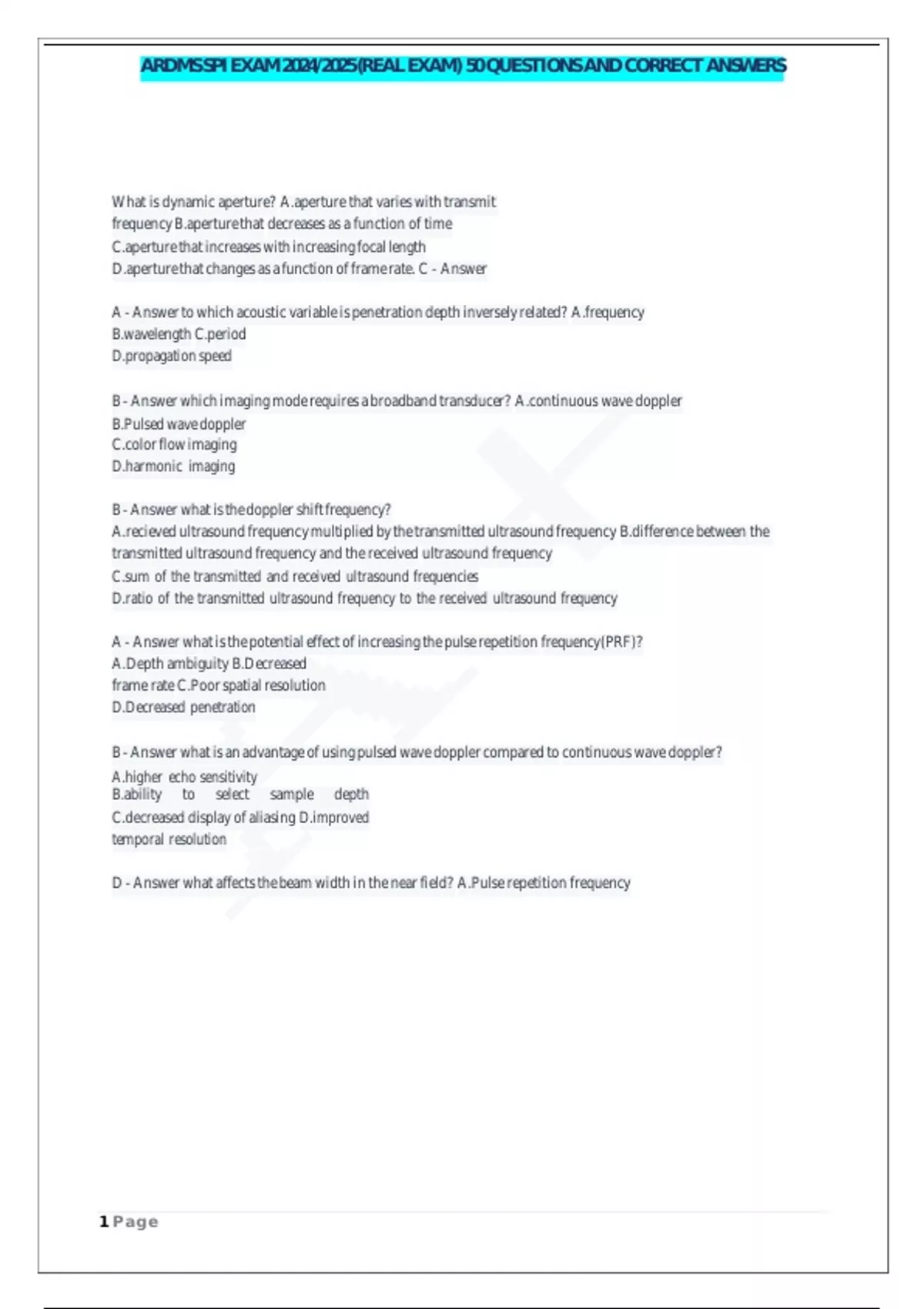 ARDMS SPI EXAM 2024/2025 (REAL EXAM) 50 QUESTIONS AND CORRECT ANSWERS ...