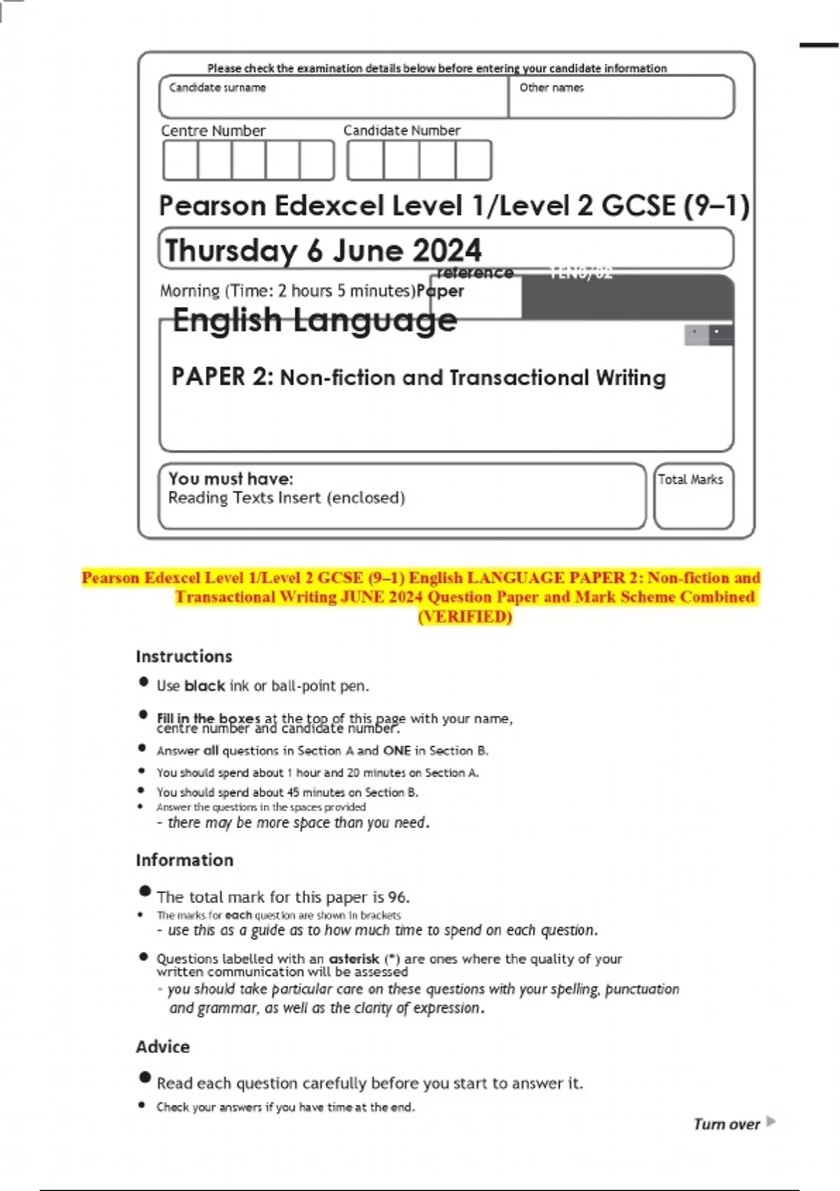 Pearson Edexcel Level 1/Level 2 GCSE (9–1) English LANGUAGE PAPER 2 ...