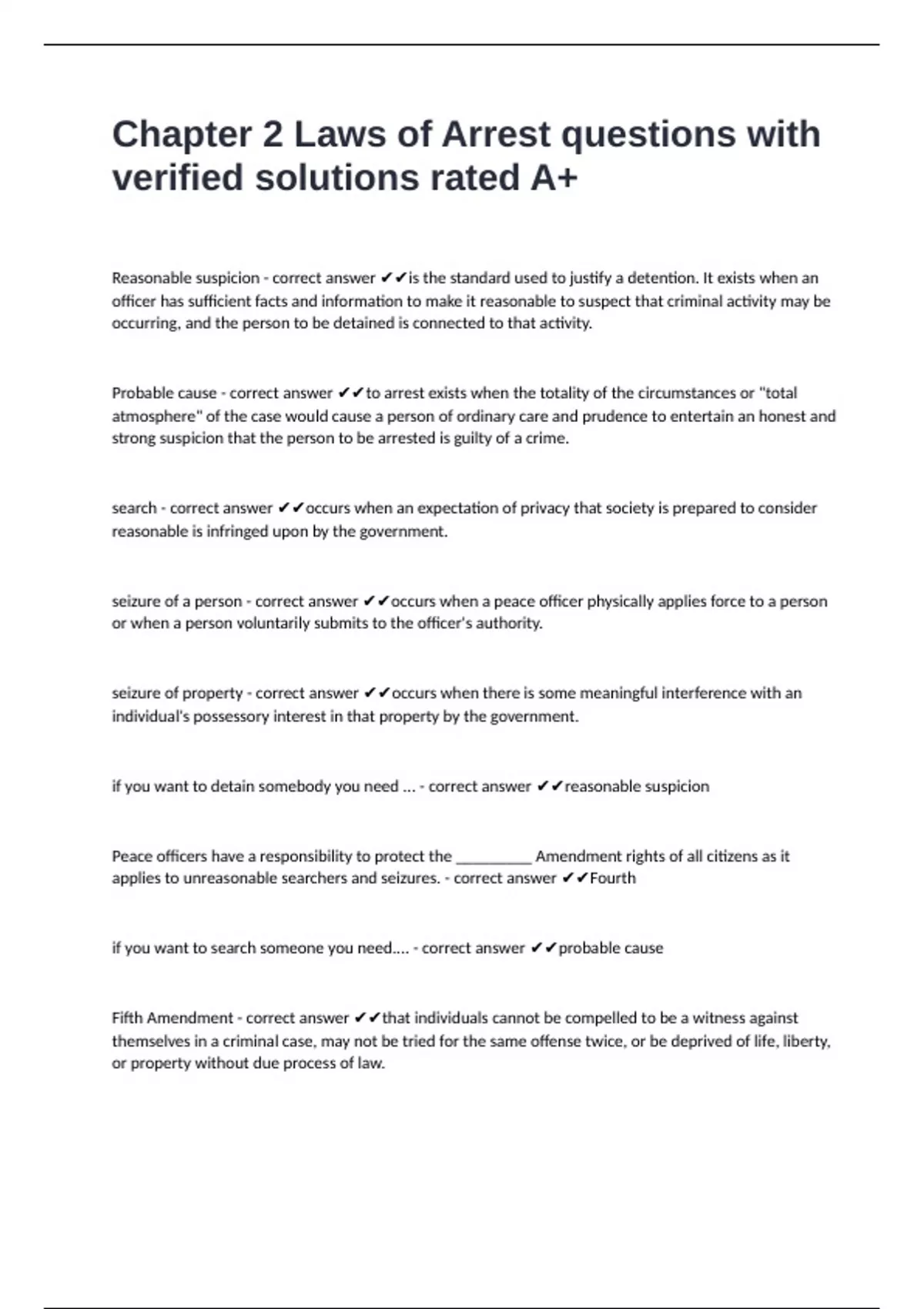 Chapter 2 Laws of Arrest questions with verified solutions rated A+ ...