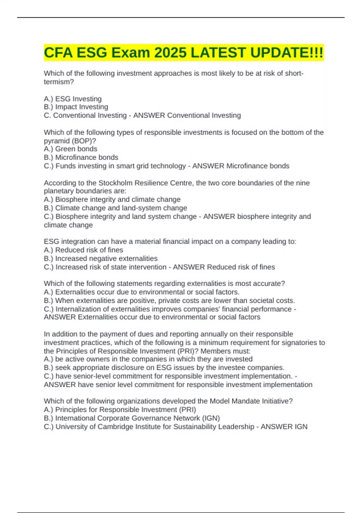 CFA ESG Exam 2025 LATEST UPDATE!!! - CFA ESG - Stuvia US