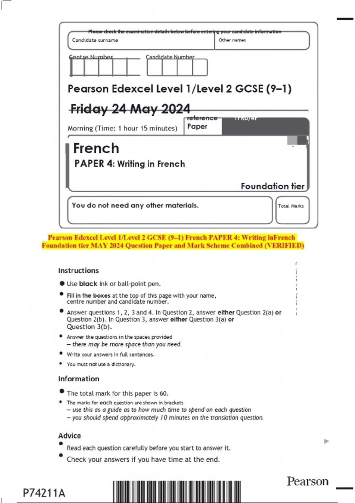 Pearson Edexcel Level 1/Level 2 GCSE (9–1) French PAPER 4: Writing ...