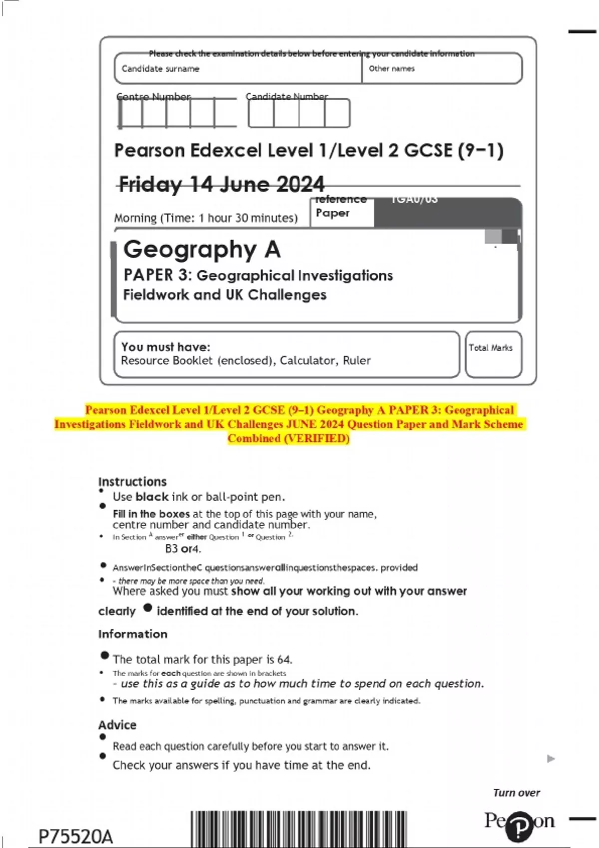 Pearson Edexcel Level 1/Level 2 GCSE (9–1) Geography A PAPER 3 ...