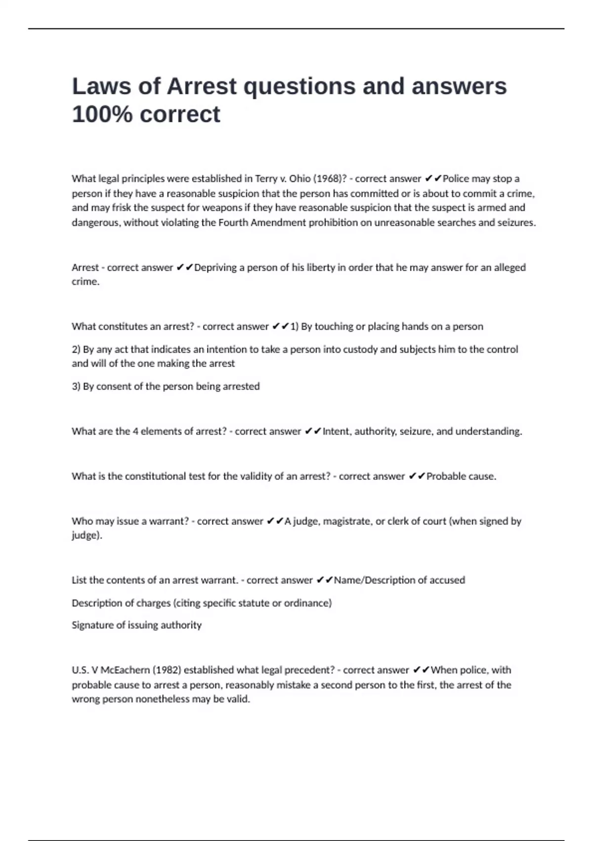 Laws of Arrest questions and answers 100% correct - Laws of Arrest ...