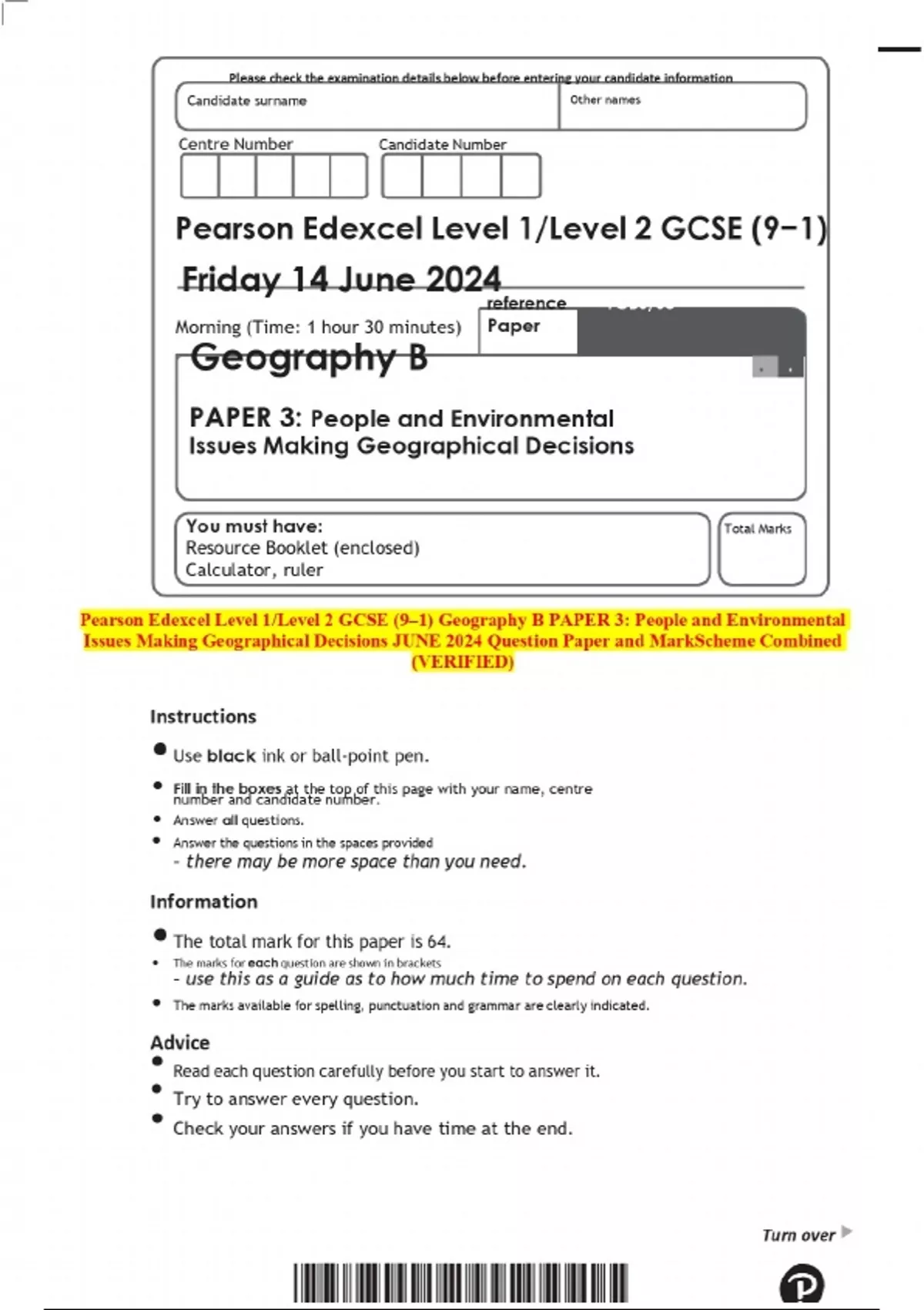 Pearson Edexcel Level 1/Level 2 GCSE (9–1) Geography B PAPER 3: People ...