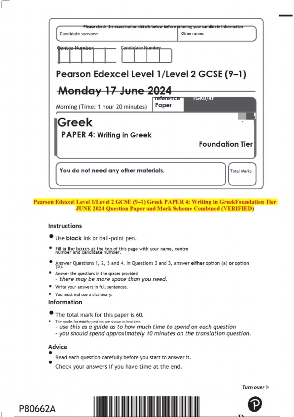 Pearson Edexcel Level 1/Level 2 GCSE (9–1) Greek PAPER 4: Writing in ...