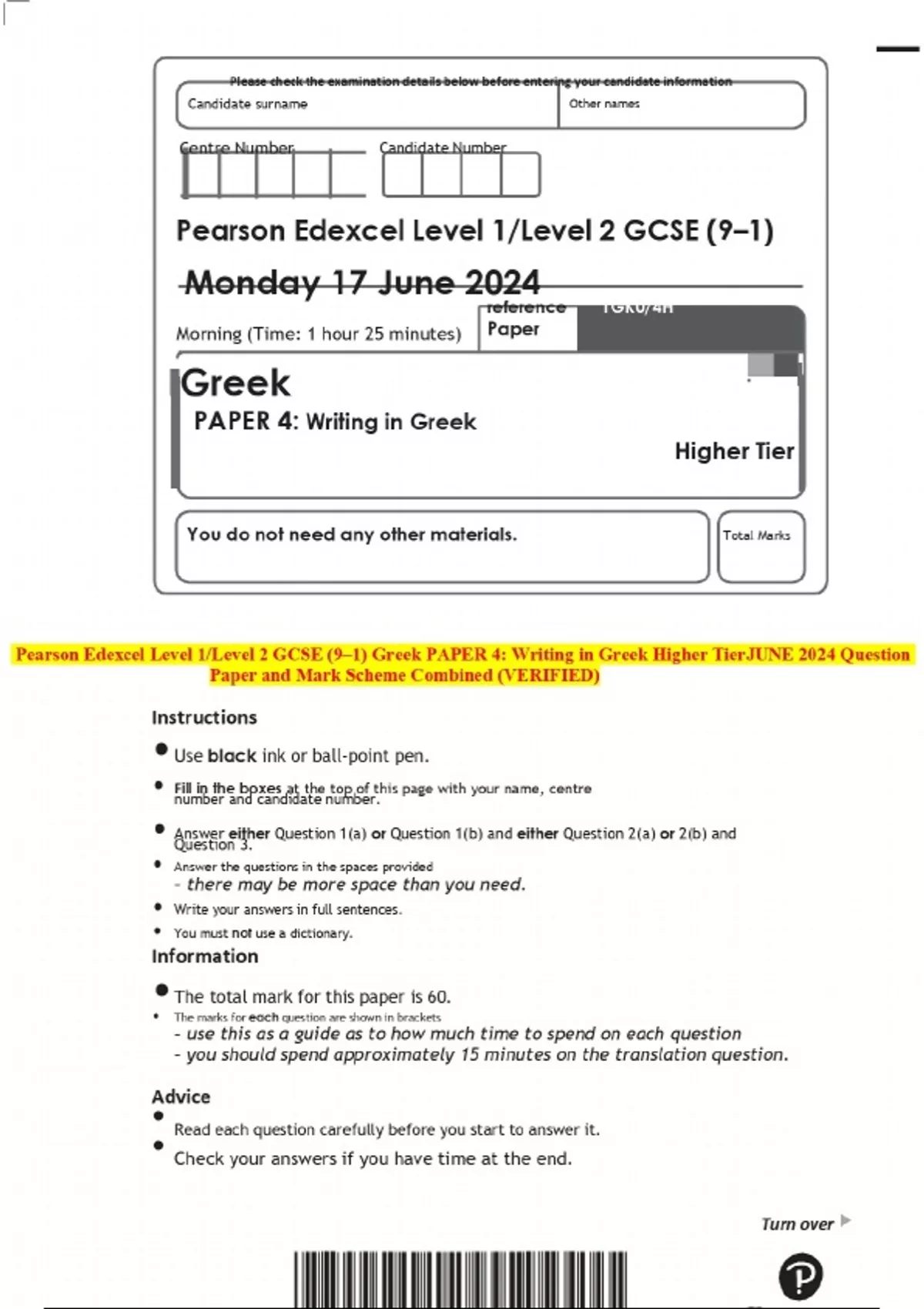 Pearson Edexcel Level 1/Level 2 GCSE (9–1) Greek PAPER 4: Writing in ...