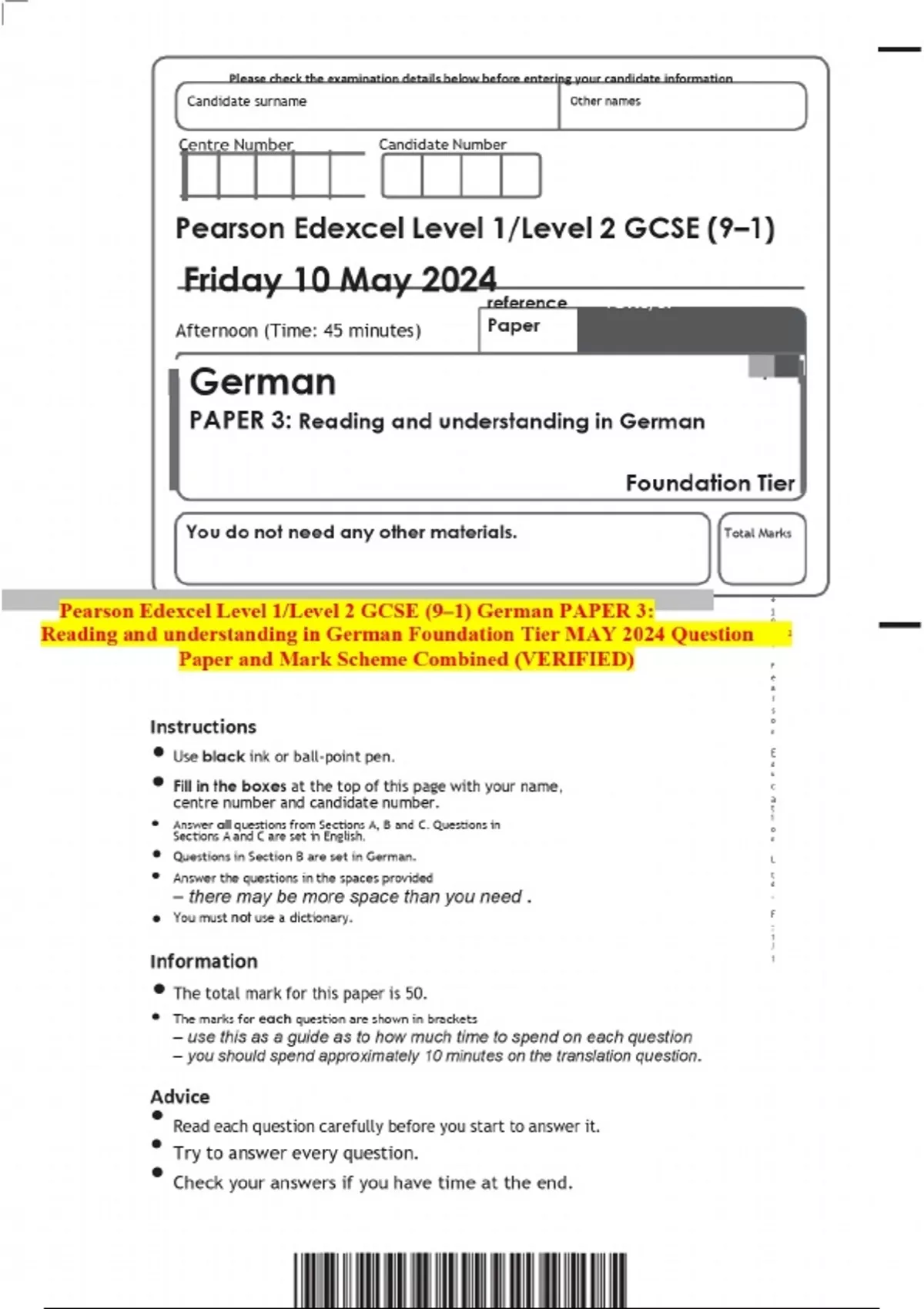 Pearson Edexcel Level 1/Level 2 GCSE (9–1) German PAPER 3: Reading and ...