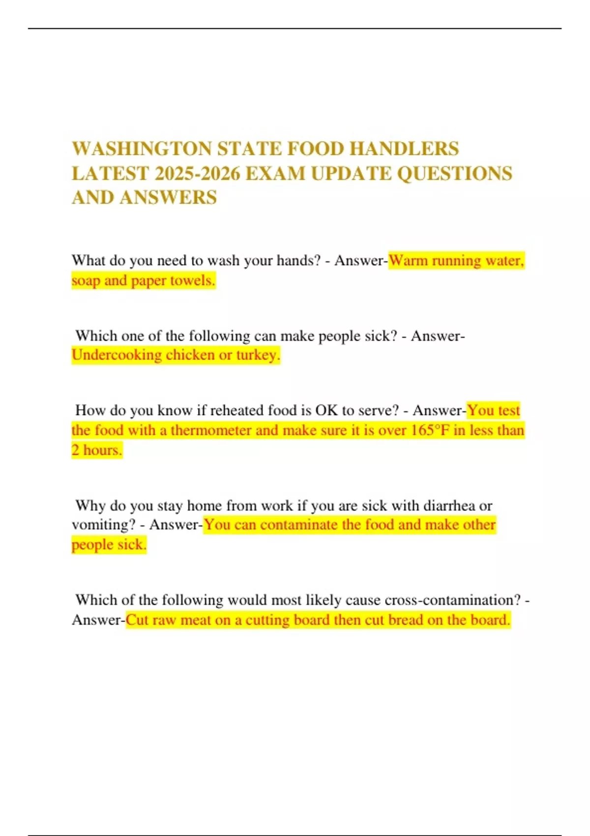WASHINGTON STATE FOOD HANDLERS LATEST EXAM UPDATE QUESTIONS AND ANSWERS ...