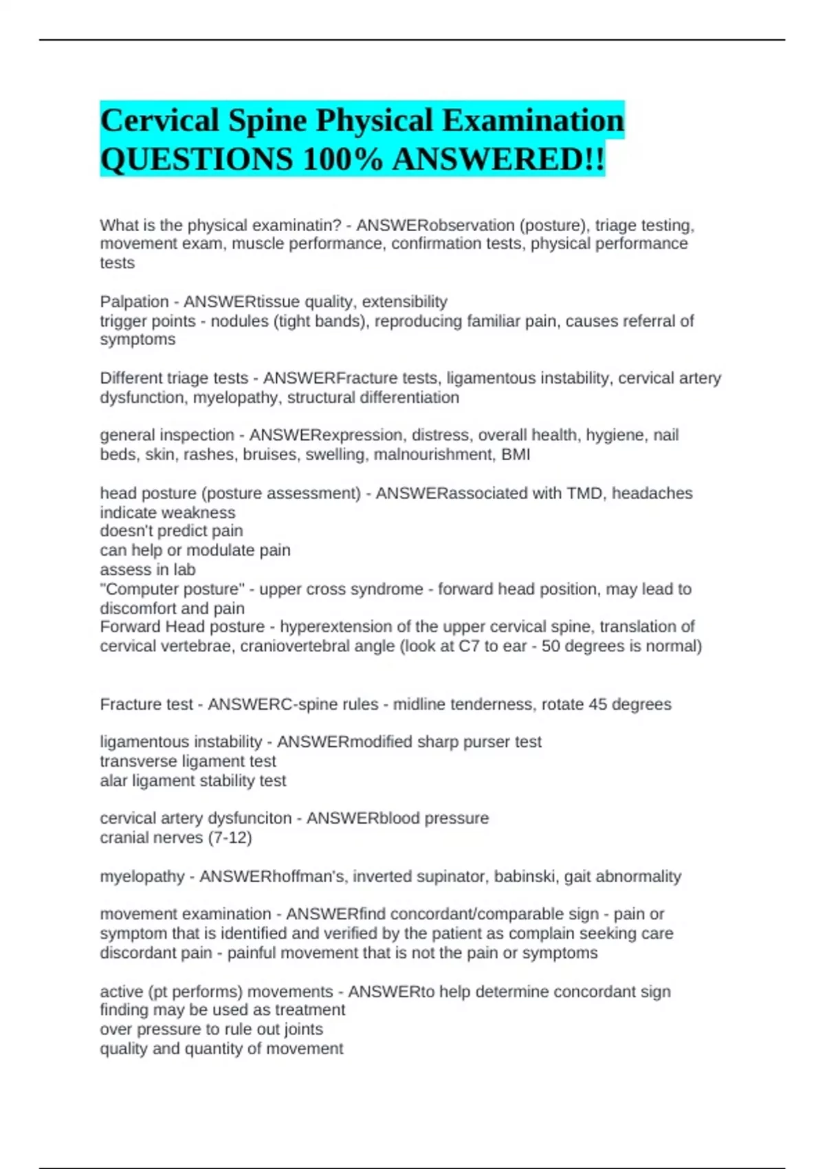 Cervical Spine Physical Examination QUESTIONS 100% ANSWERED ...
