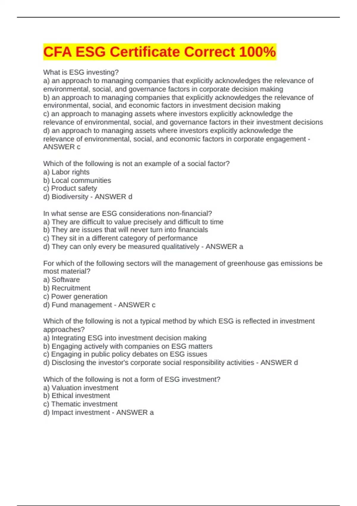 CFA ESG Certificate Correct 100% - CFA ESG - Stuvia US