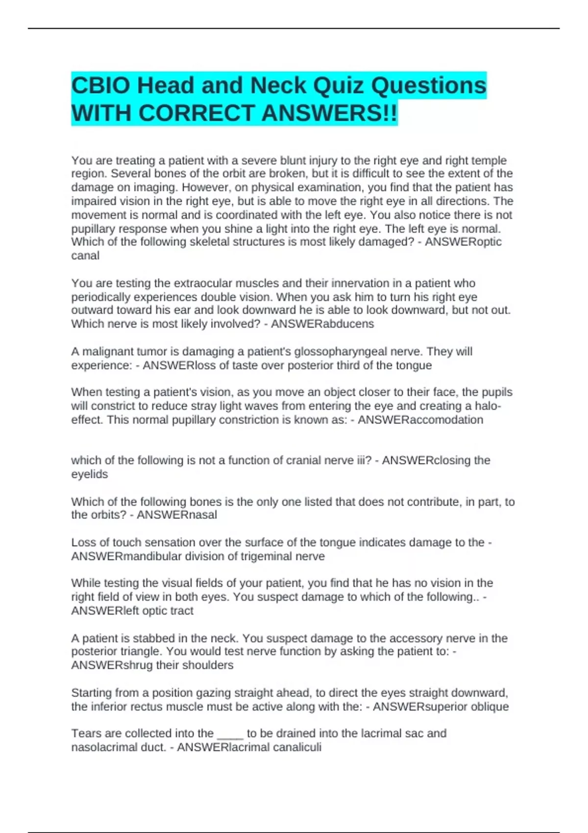 CBIO Head and Neck Quiz Questions WITH CORRECT ANSWERS!! - CBIO Head and Neck - Stuvia US