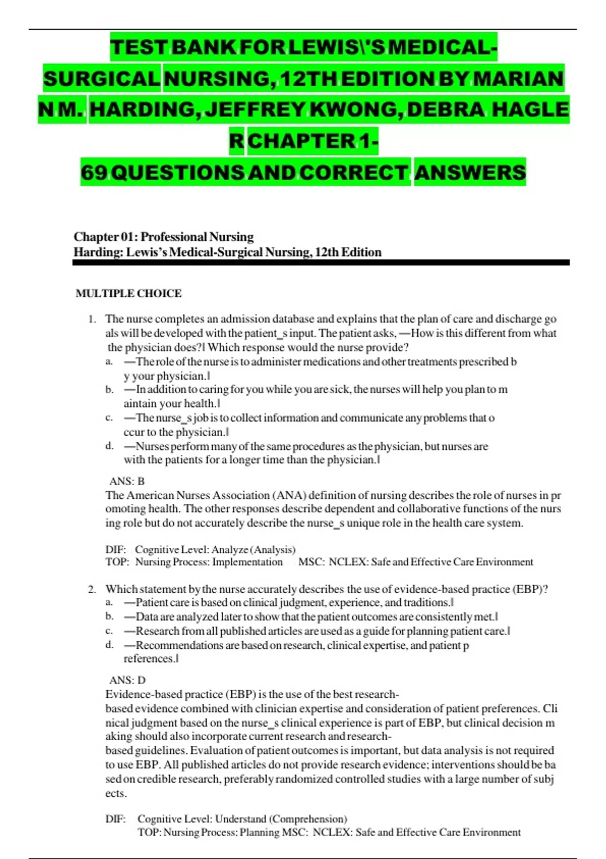 TEST BANK FOR LEWIS'S MEDICAL-SURGICAL NURSING, 12TH EDITION BY MARIANN ...