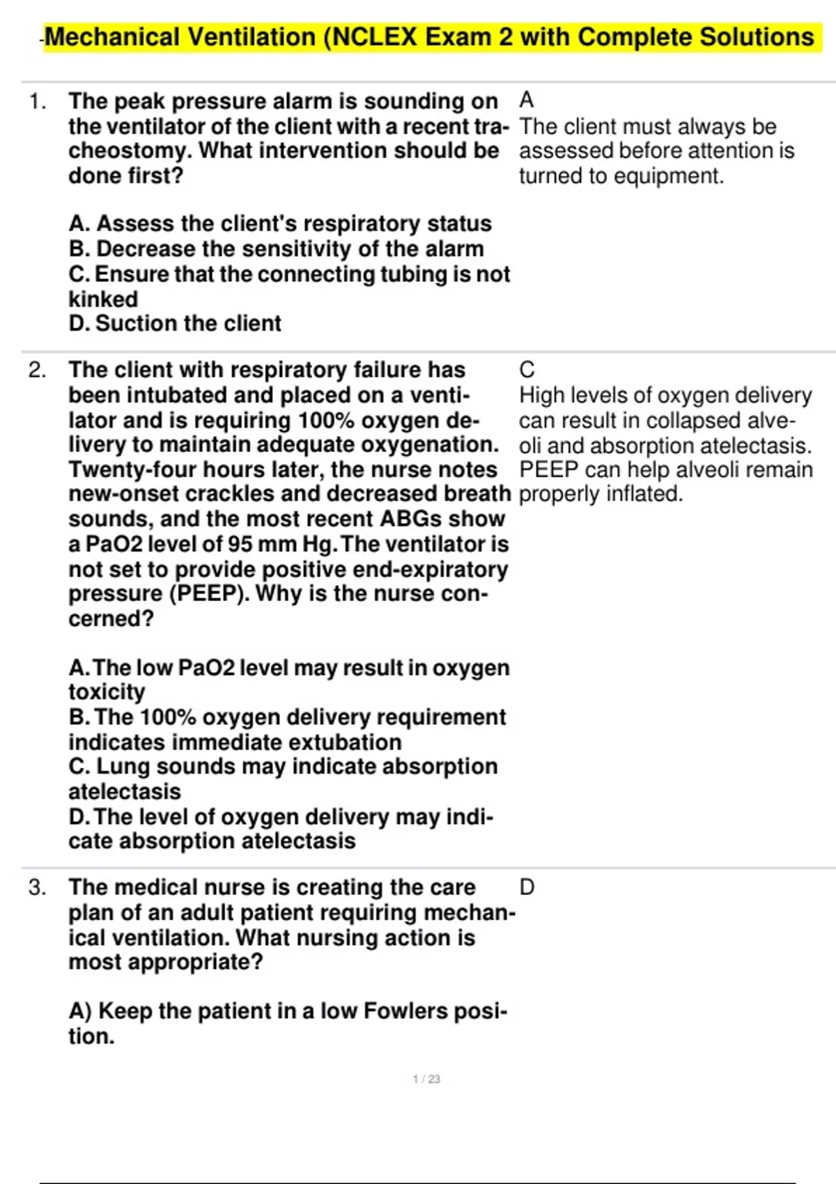 Mechanical Ventilation (NCLEX Exam 2 with Complete Solutions ...