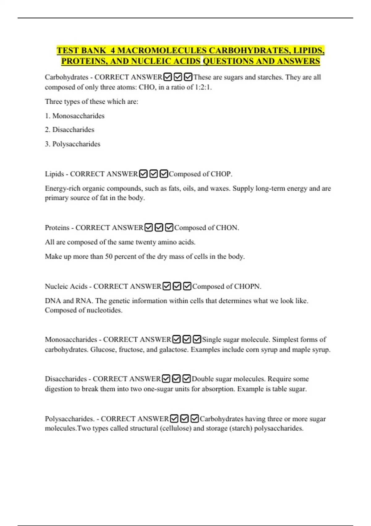 TEST BANK 4 MACROMOLECULES CARBOHYDRATES, LIPIDS, PROTEINS, AND NUCLEIC ...