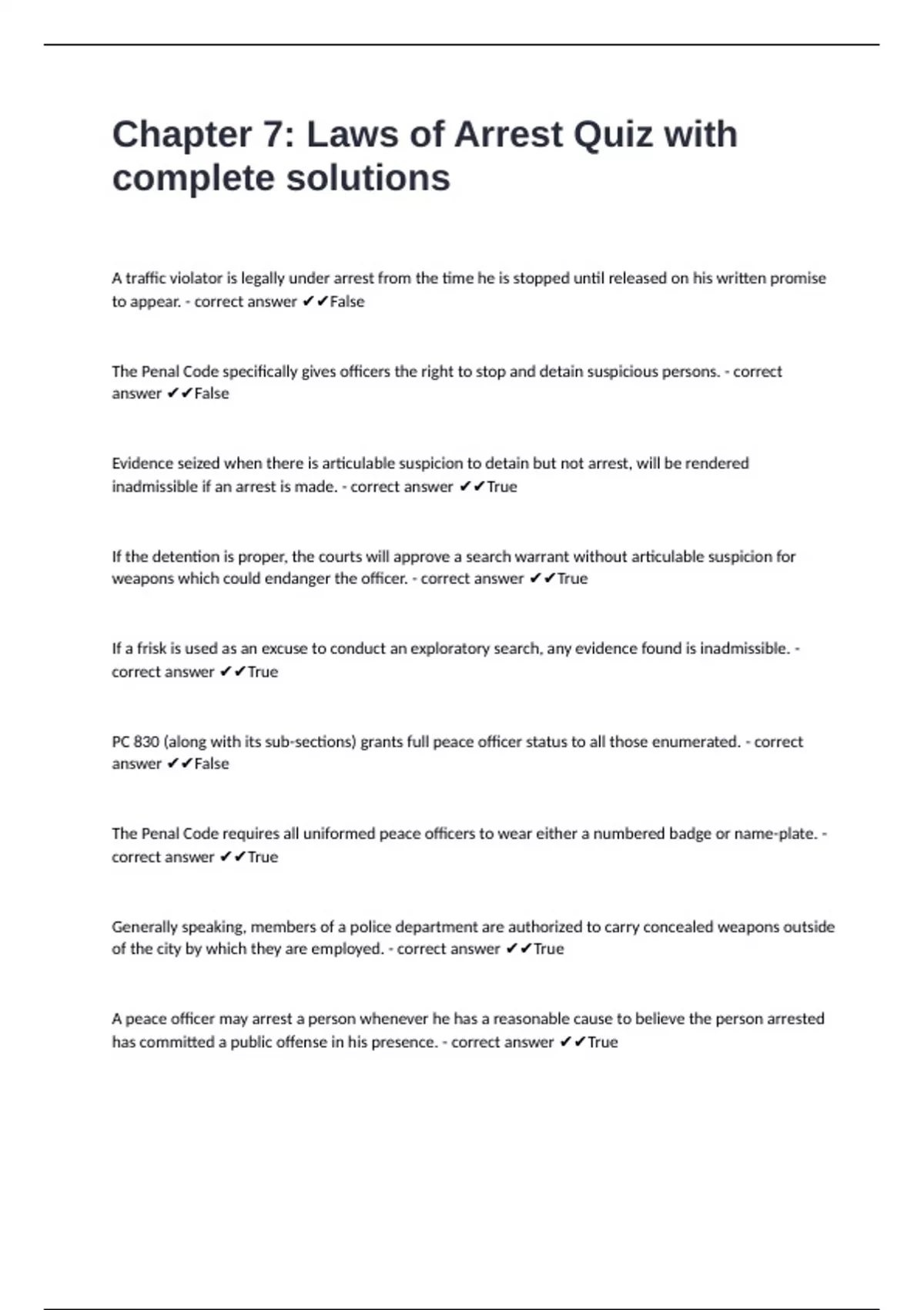 Chapter 7: Laws of Arrest Quiz with complete solutions - Laws of Arrest ...