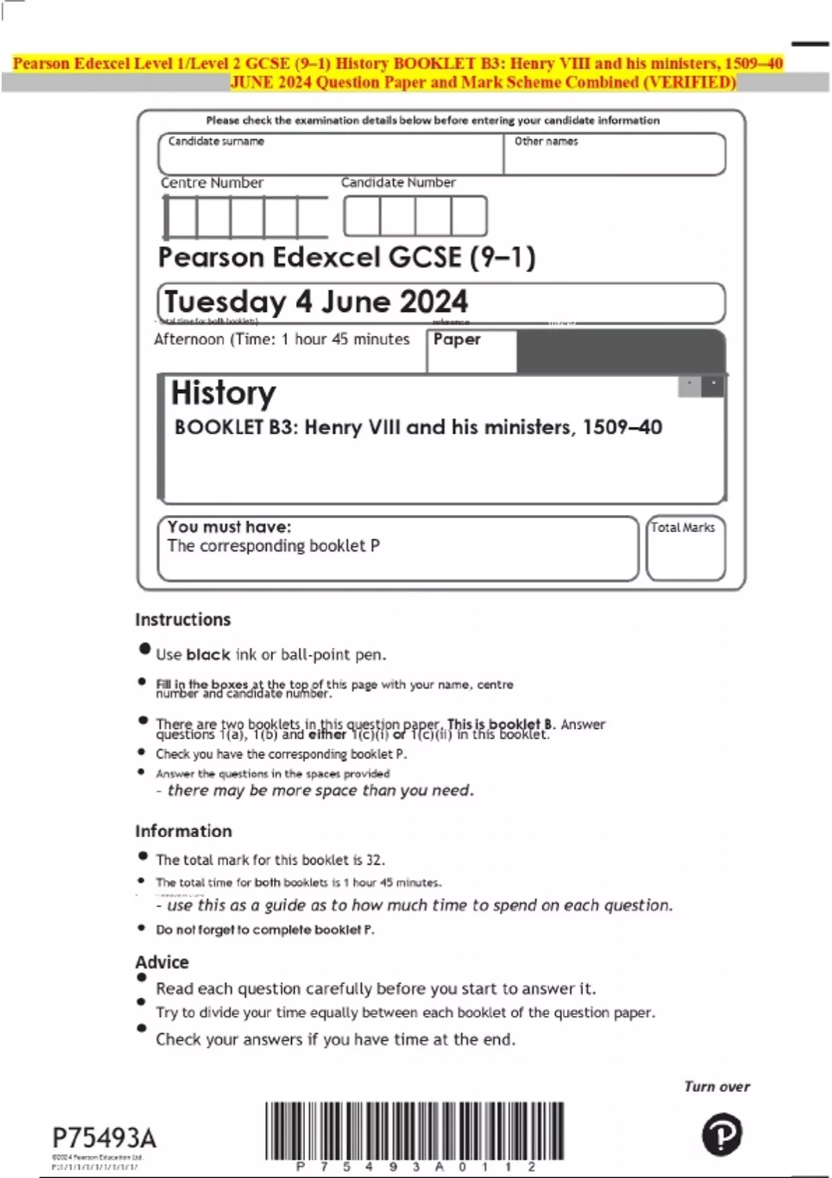 Pearson Edexcel Level 1/Level 2 GCSE (9–1) History BOOKLET B3: Henry ...