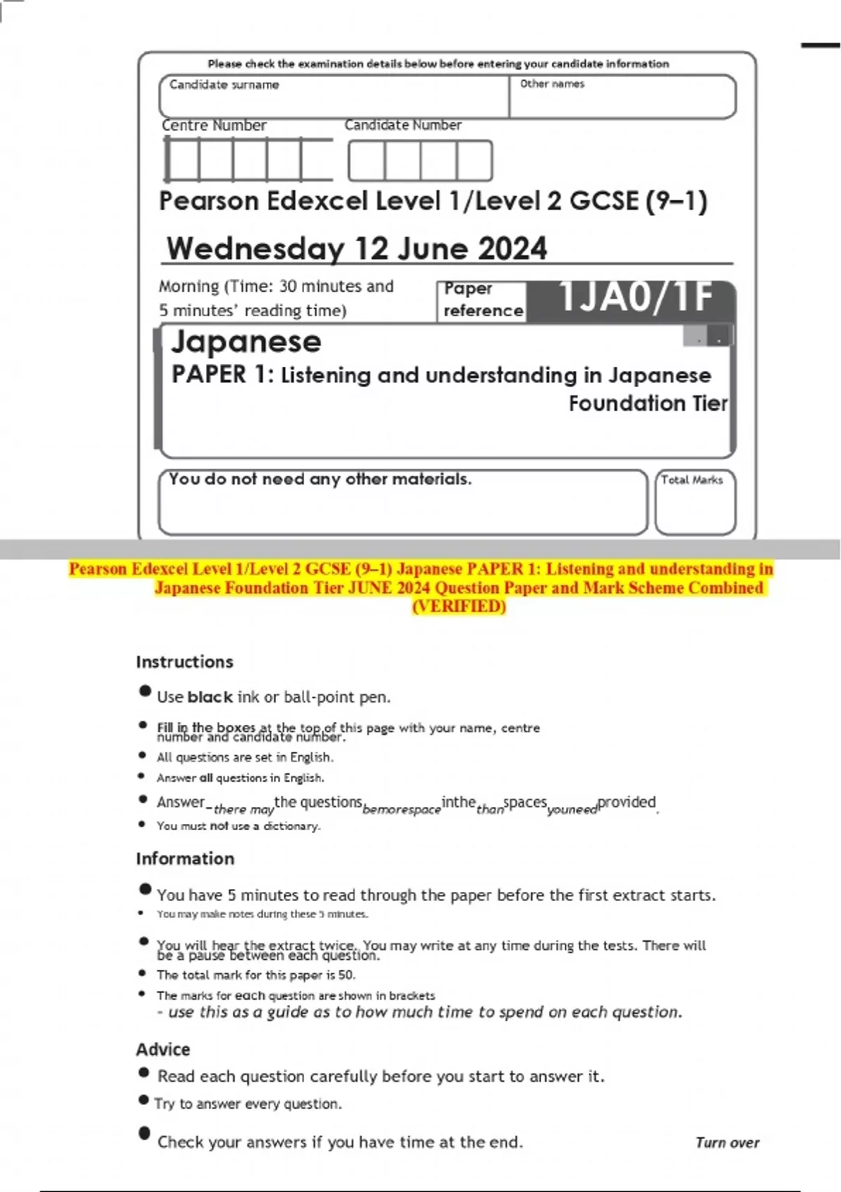Pearson Edexcel Level 1/Level 2 GCSE (9–1) Japanese PAPER 1: Listening ...