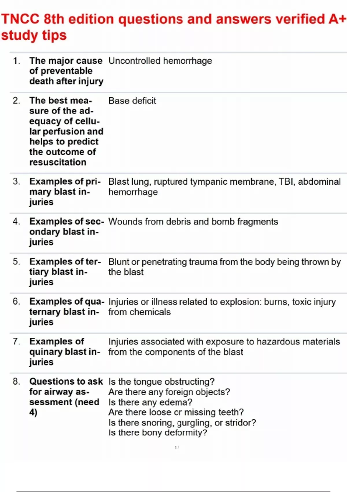 TNCC test prepA, TNCC Notes for Written Exam, TNCC Notes for Written ...