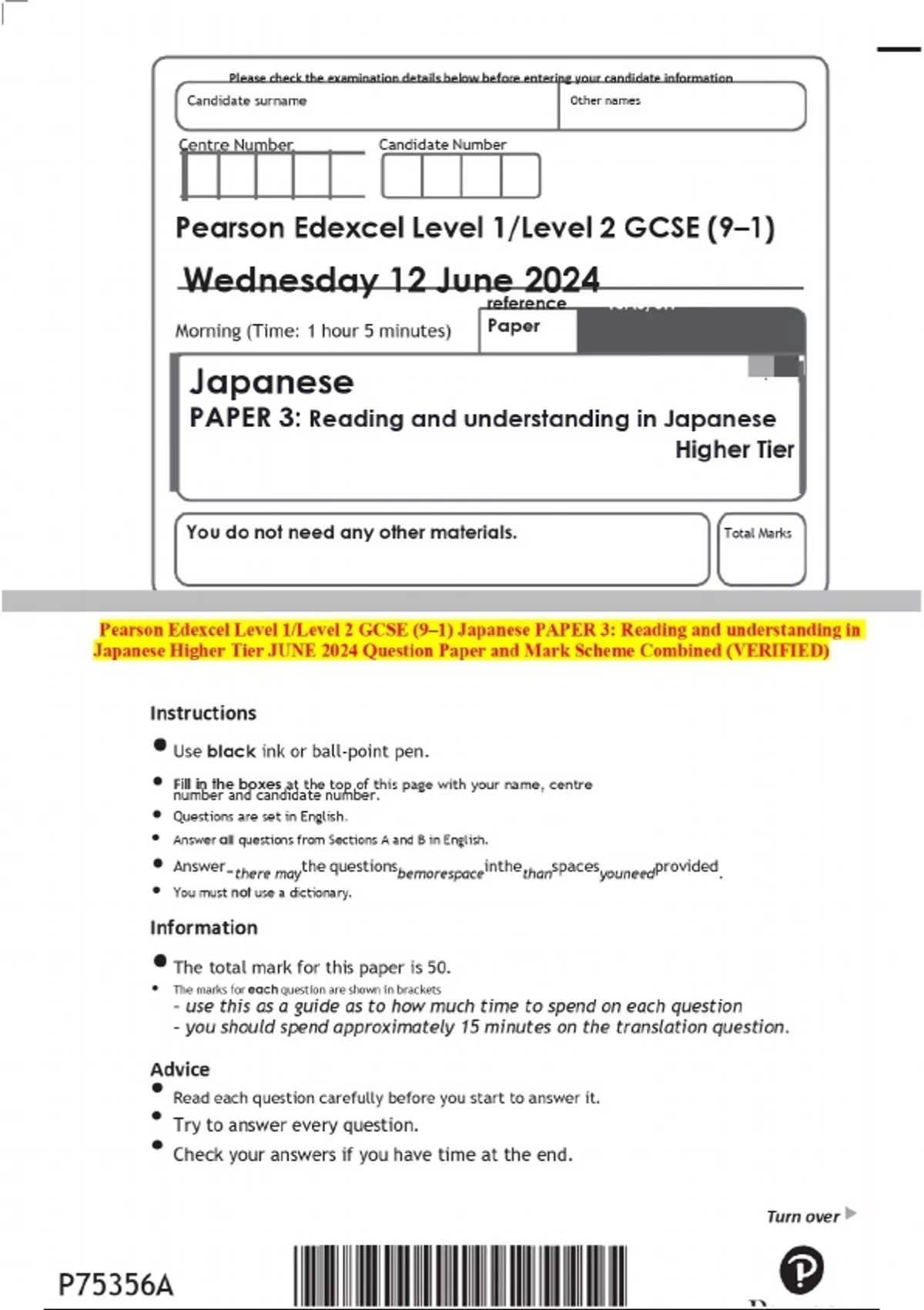 Pearson Edexcel Level 1/Level 2 GCSE (9–1) Japanese PAPER 3: Reading ...