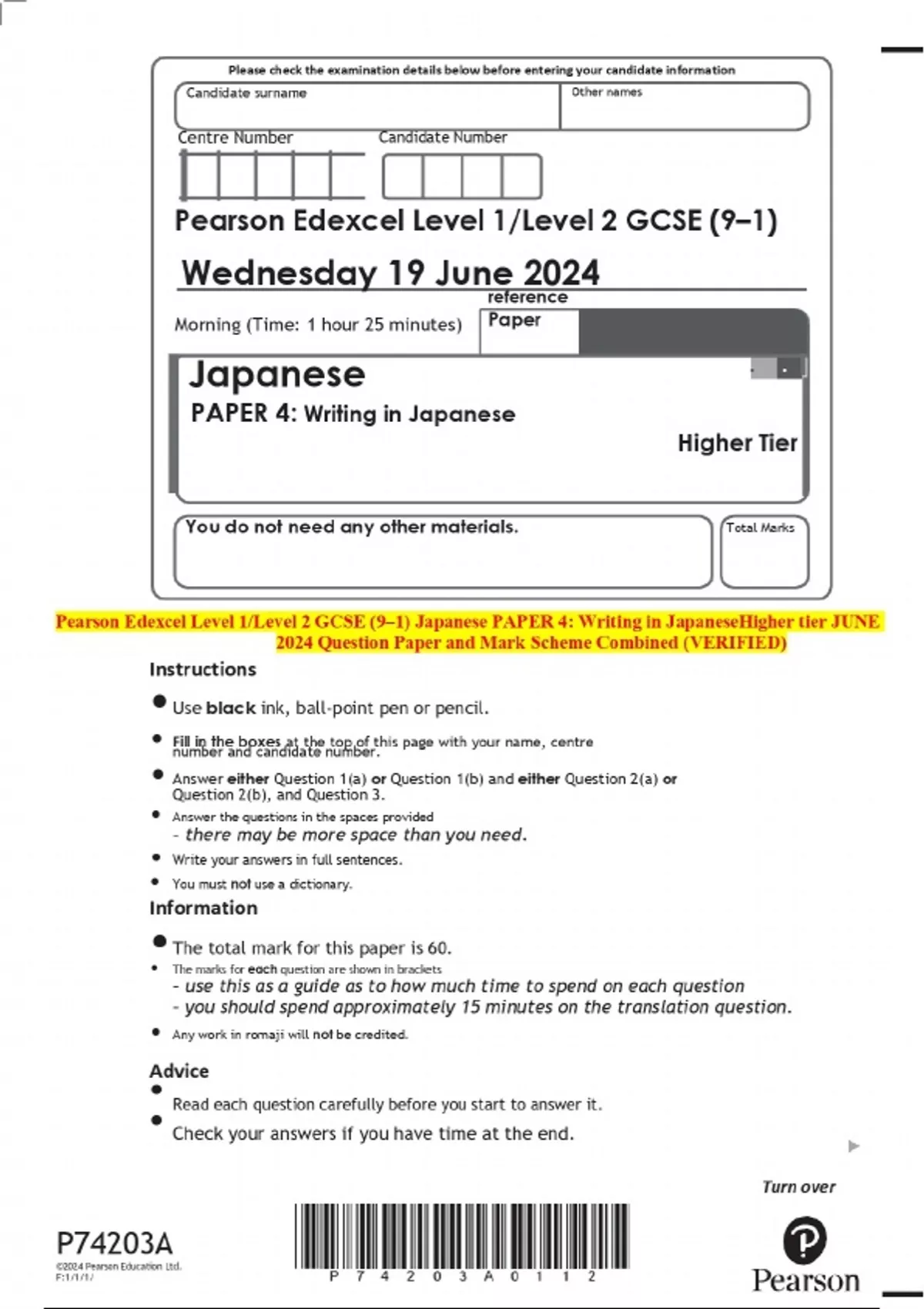 Pearson Edexcel Level 1/Level 2 GCSE (9–1) Japanese PAPER 4: Writing in ...
