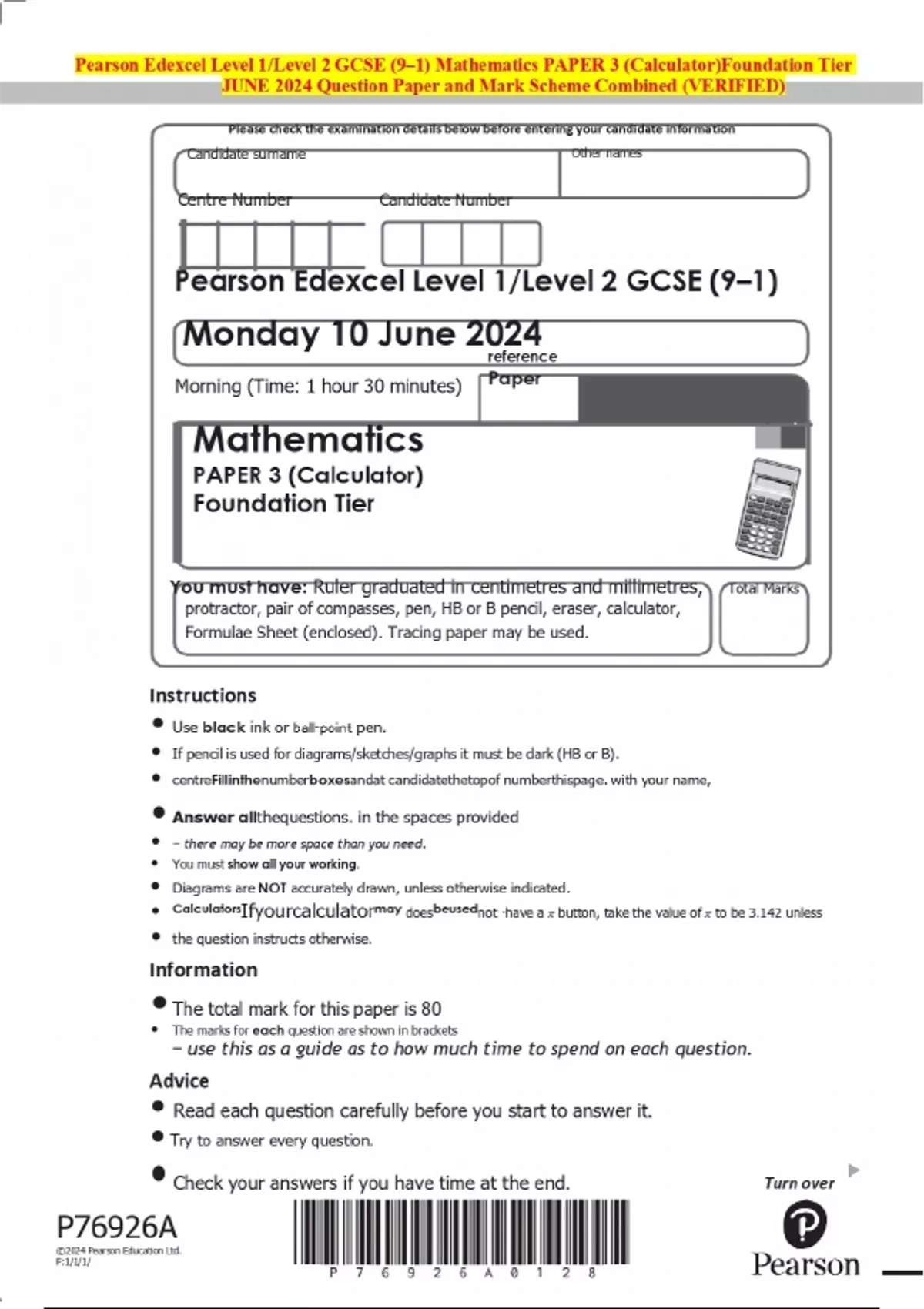 Pearson Edexcel Level 1/Level 2 GCSE (9–1) Mathematics PAPER 3 ...
