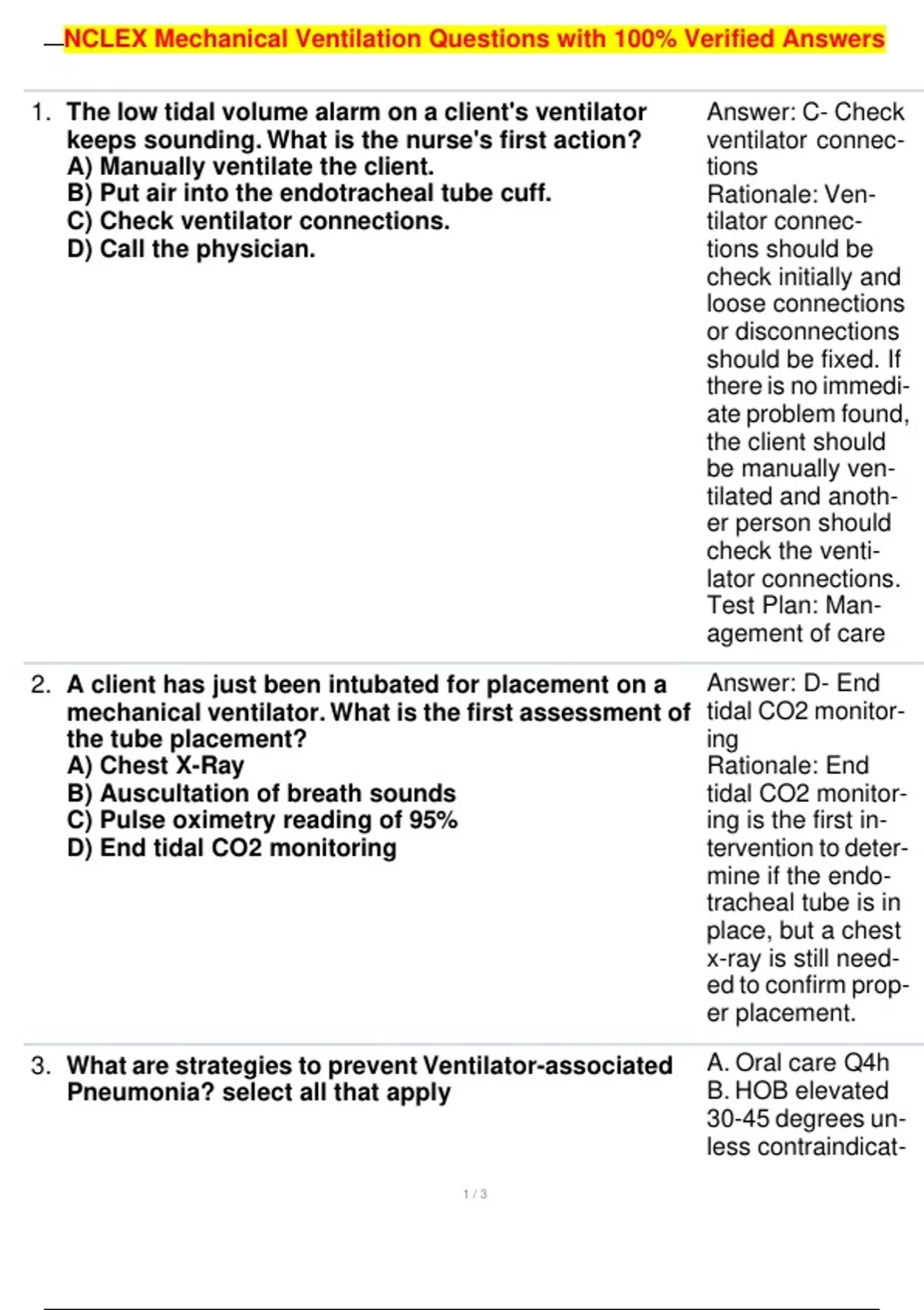 NCLEX Mechanical Ventilation Questions with 100% Verified Answers ...