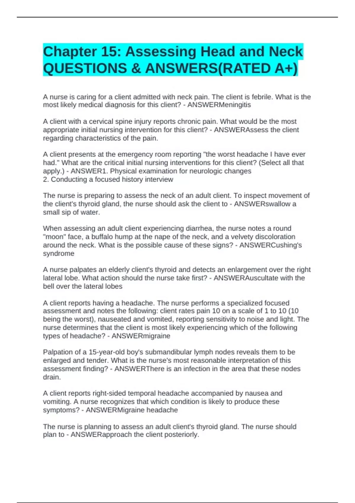 Chapter 15: Assessing Head and Neck QUESTIONS & ANSWERS(RATED A+ ...