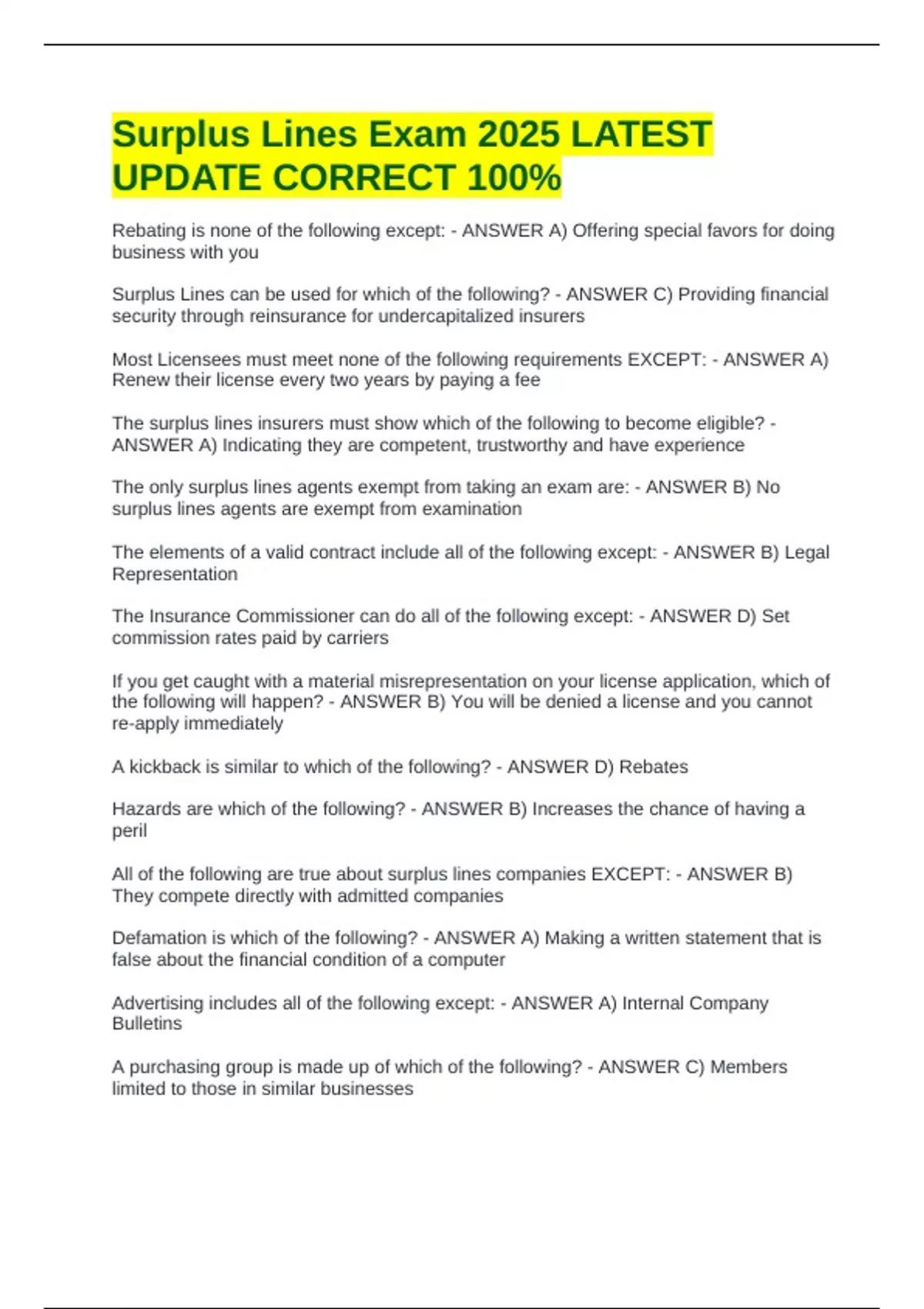 Surplus Lines Exam 2025 LATEST UPDATE CORRECT 100% - Texas Surplus ...