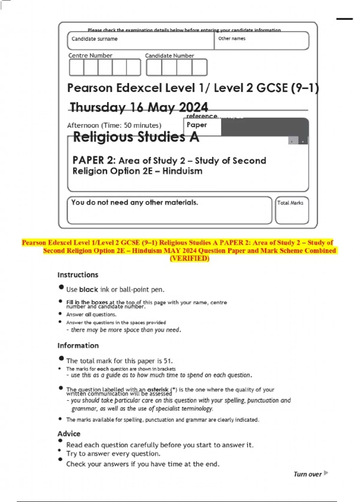 Pearson Edexcel Level 1/Level 2 GCSE (9–1) Religious Studies A PAPER 2 ...