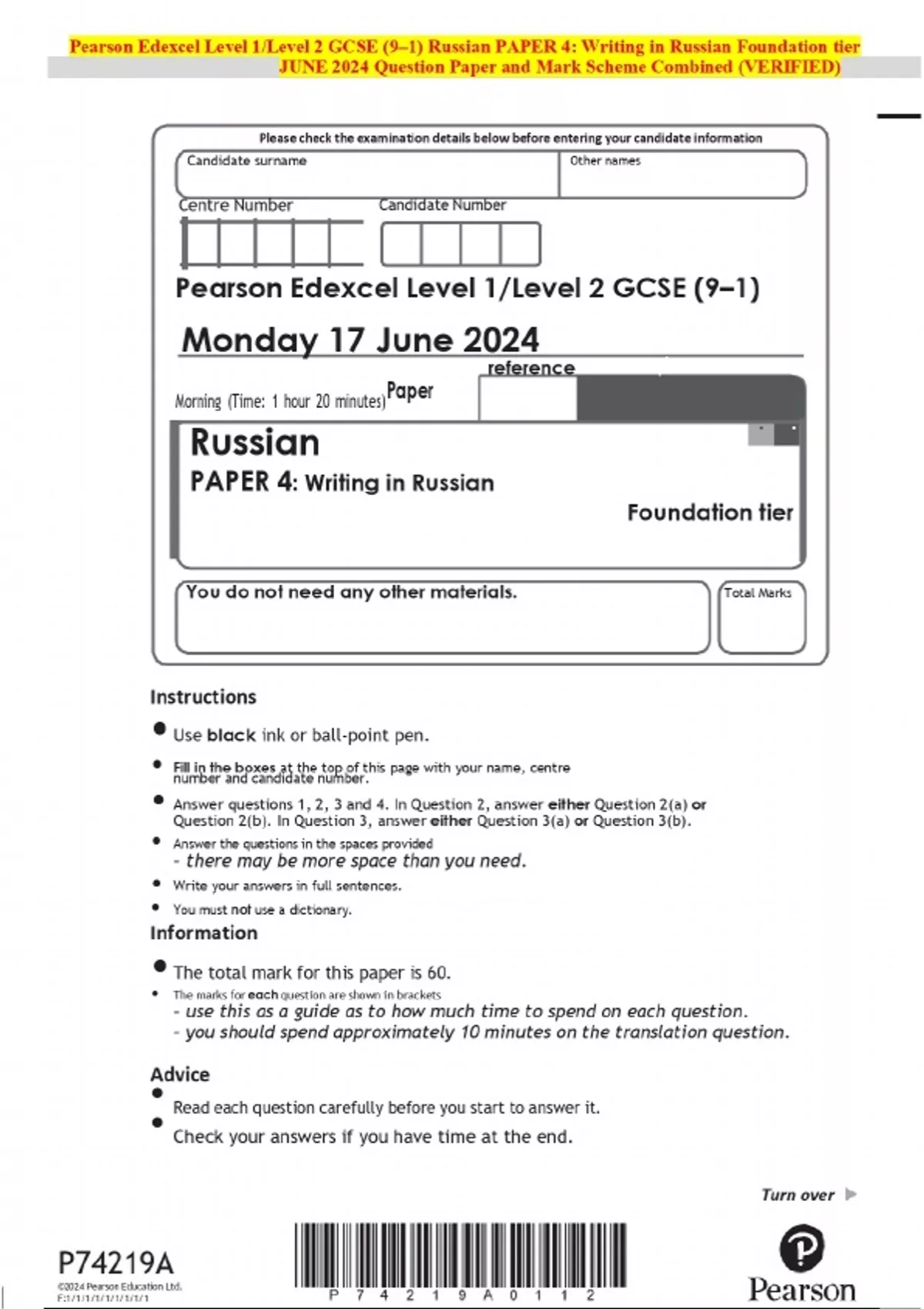Pearson Edexcel Level 1/Level 2 GCSE (9–1) Russian PAPER 4: Writing in ...