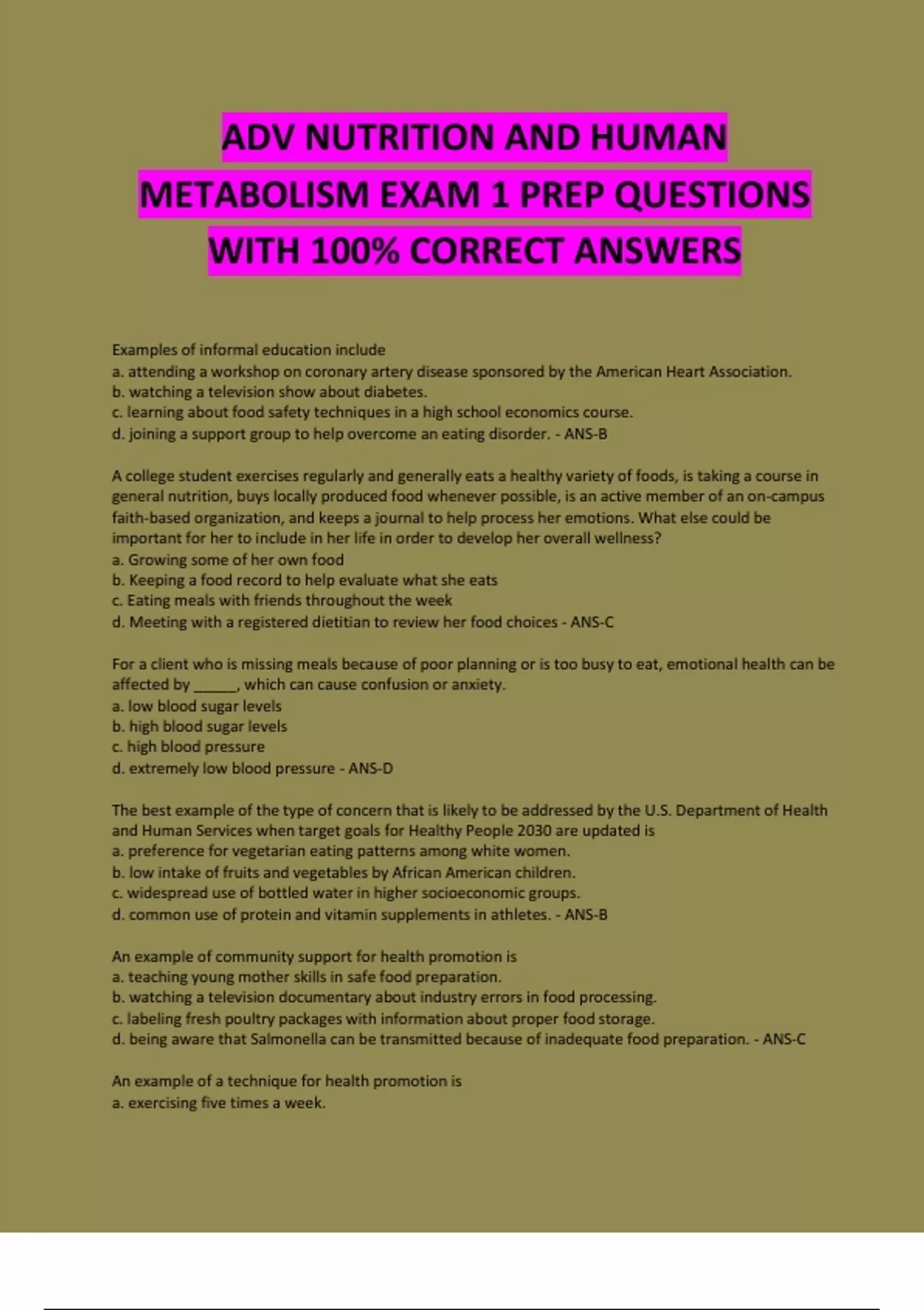 ADV NUTRITION AND HUMAN METABOLISM EXAM 1 PREP QUESTIONS WITH 100% ...