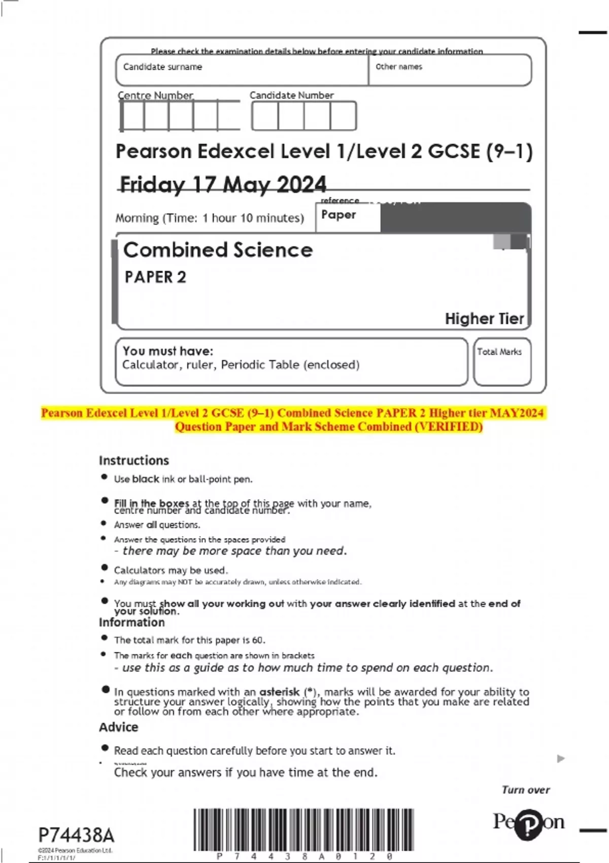 Pearson Edexcel Level 1/Level 2 GCSE (9–1) Combined Science PAPER 2 ...