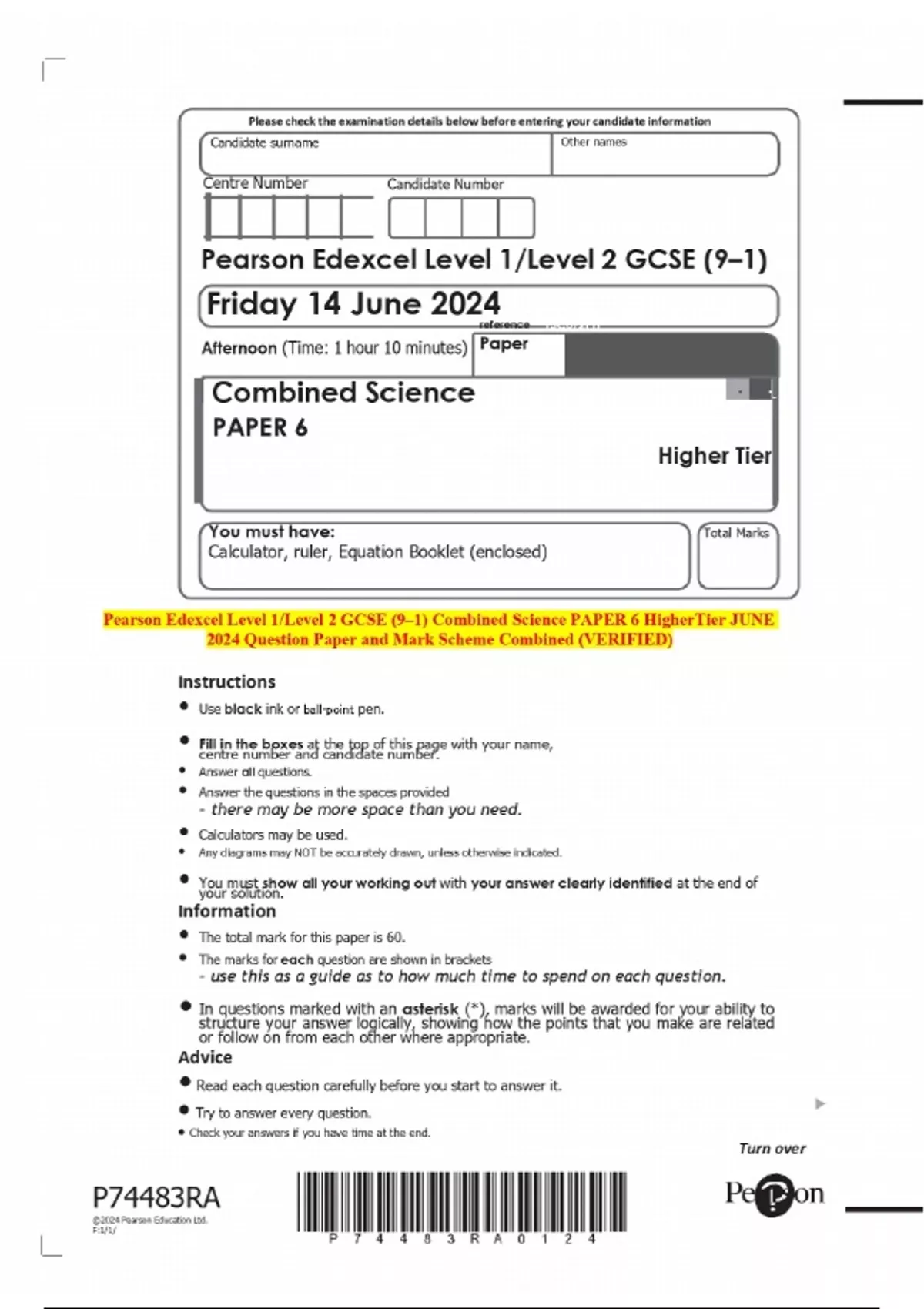 Pearson Edexcel Level 1/Level 2 GCSE (9–1) Combined Science PAPER 6 ...