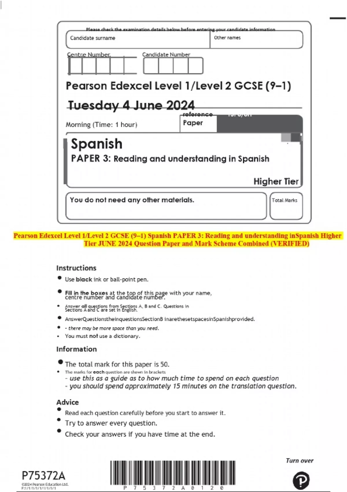 Pearson Edexcel Level 1/Level 2 GCSE (9–1) Spanish PAPER 3: Reading and ...
