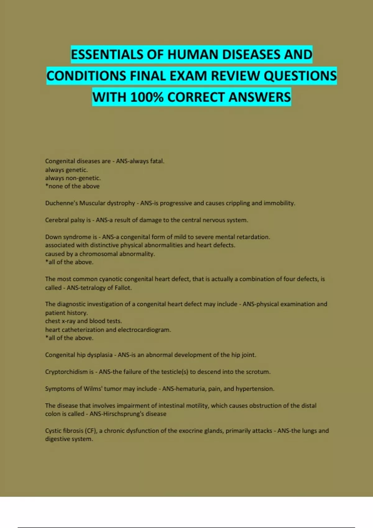 ESSENTIALS OF HUMAN DISEASES AND CONDITIONS FINAL EXAM REVIEW QUESTIONS ...