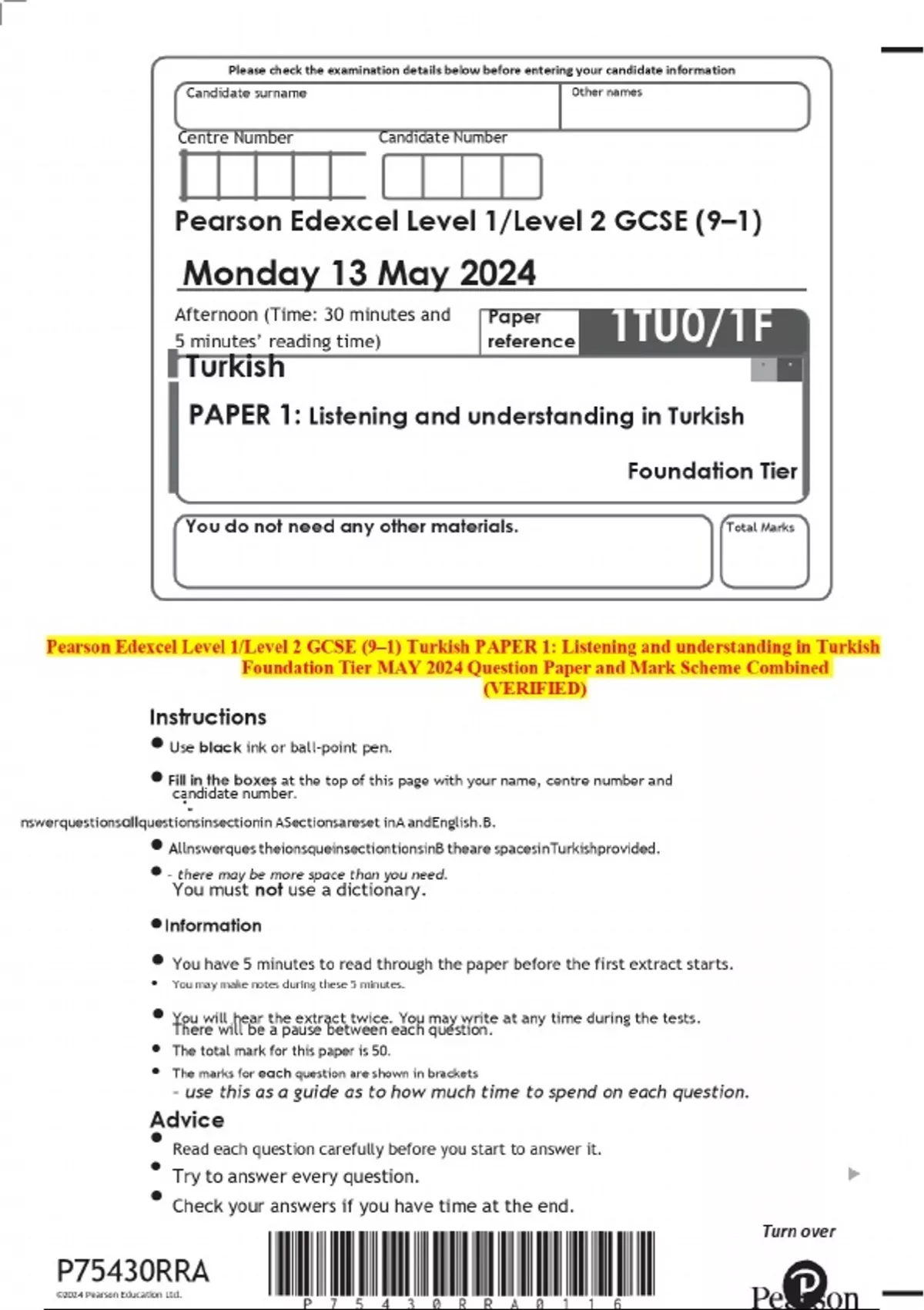 Pearson Edexcel Level 1/Level 2 GCSE (9–1) Turkish PAPER 1: Listening ...