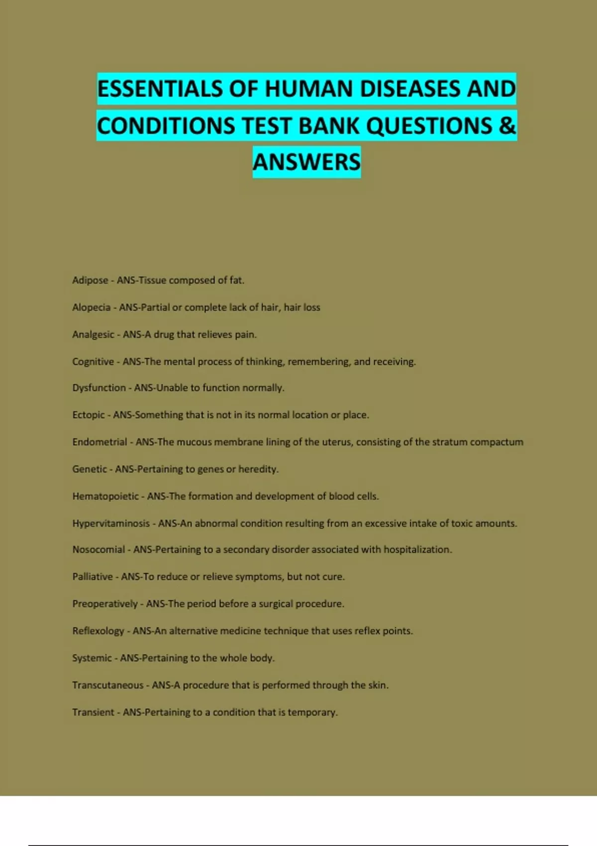 ESSENTIALS OF HUMAN DISEASES AND CONDITIONS TEST BANK QUESTIONS WITH ...